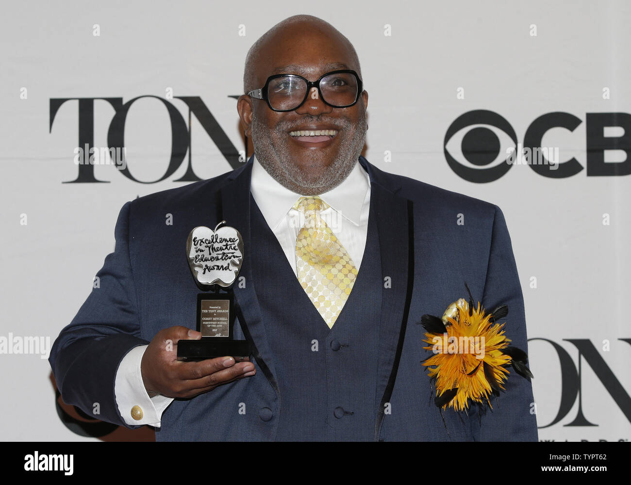 Corey Mitchell arrives with his Tony Award in the press room at the ...