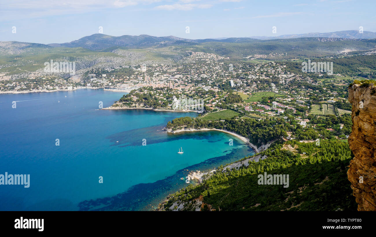 Panorama with Cassis city and Cassis vineyard, seen from the Cape ...