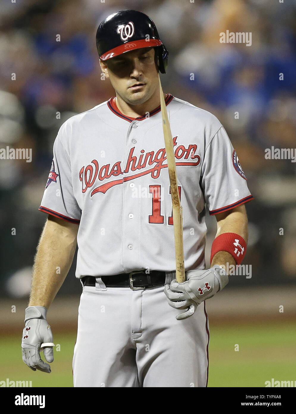 Washington Nationals Ryan Zimmerman breaks his bat when he flies out to ...