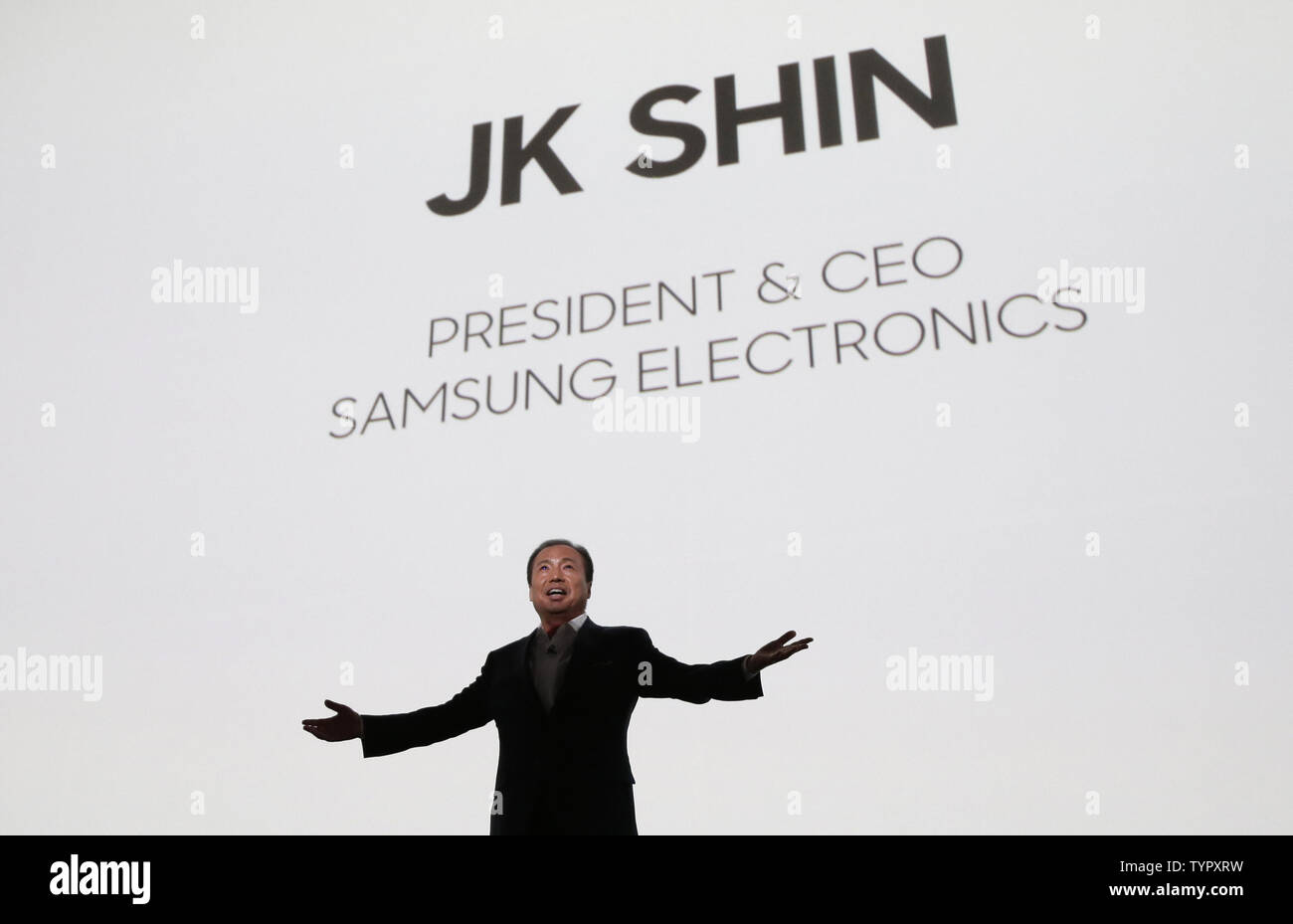 President and CEO of Samsung Electronics JK Shin speaks on the stage ...