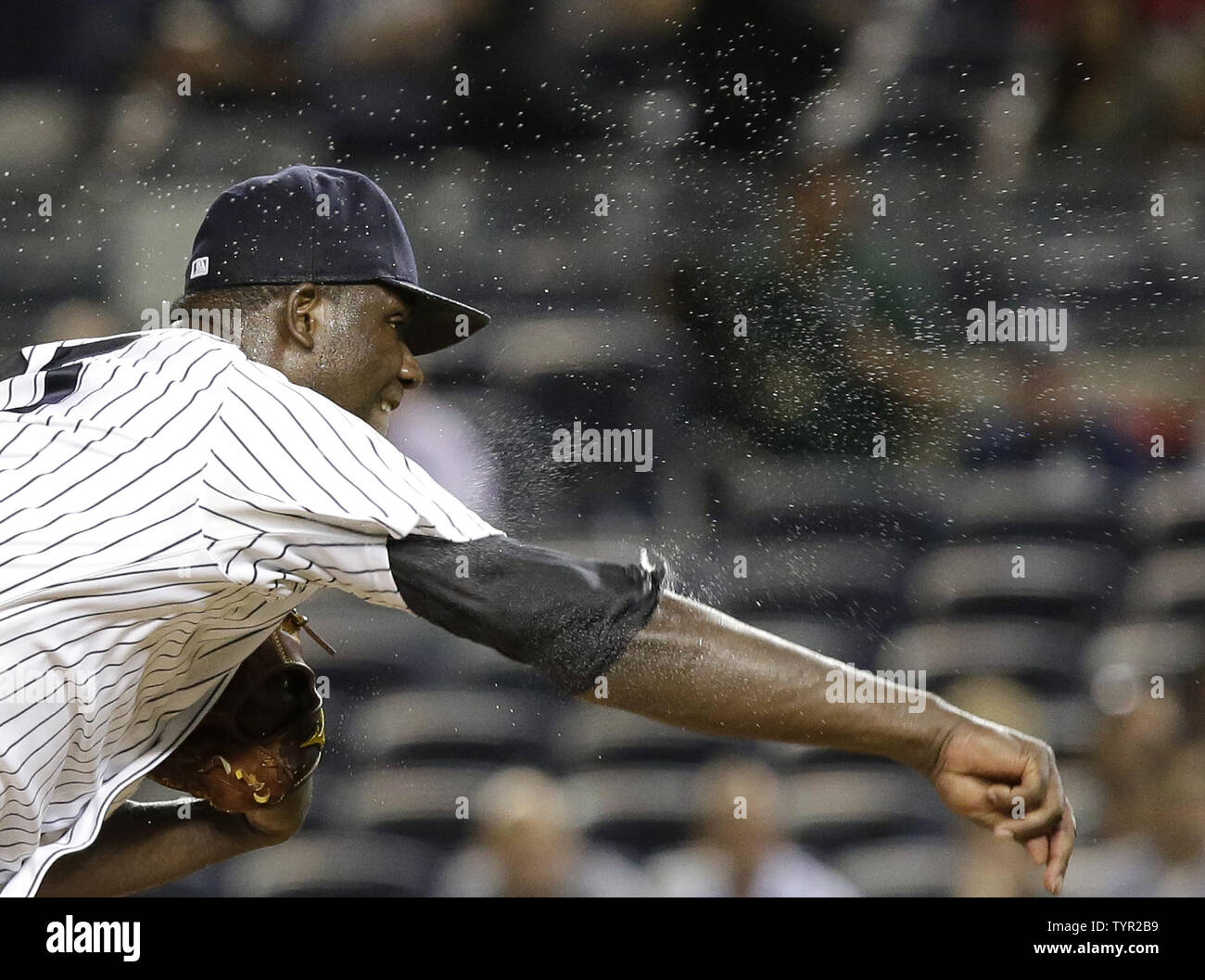 Sweat falls off of New York Yankees starting pitcher Michael Pineda ...