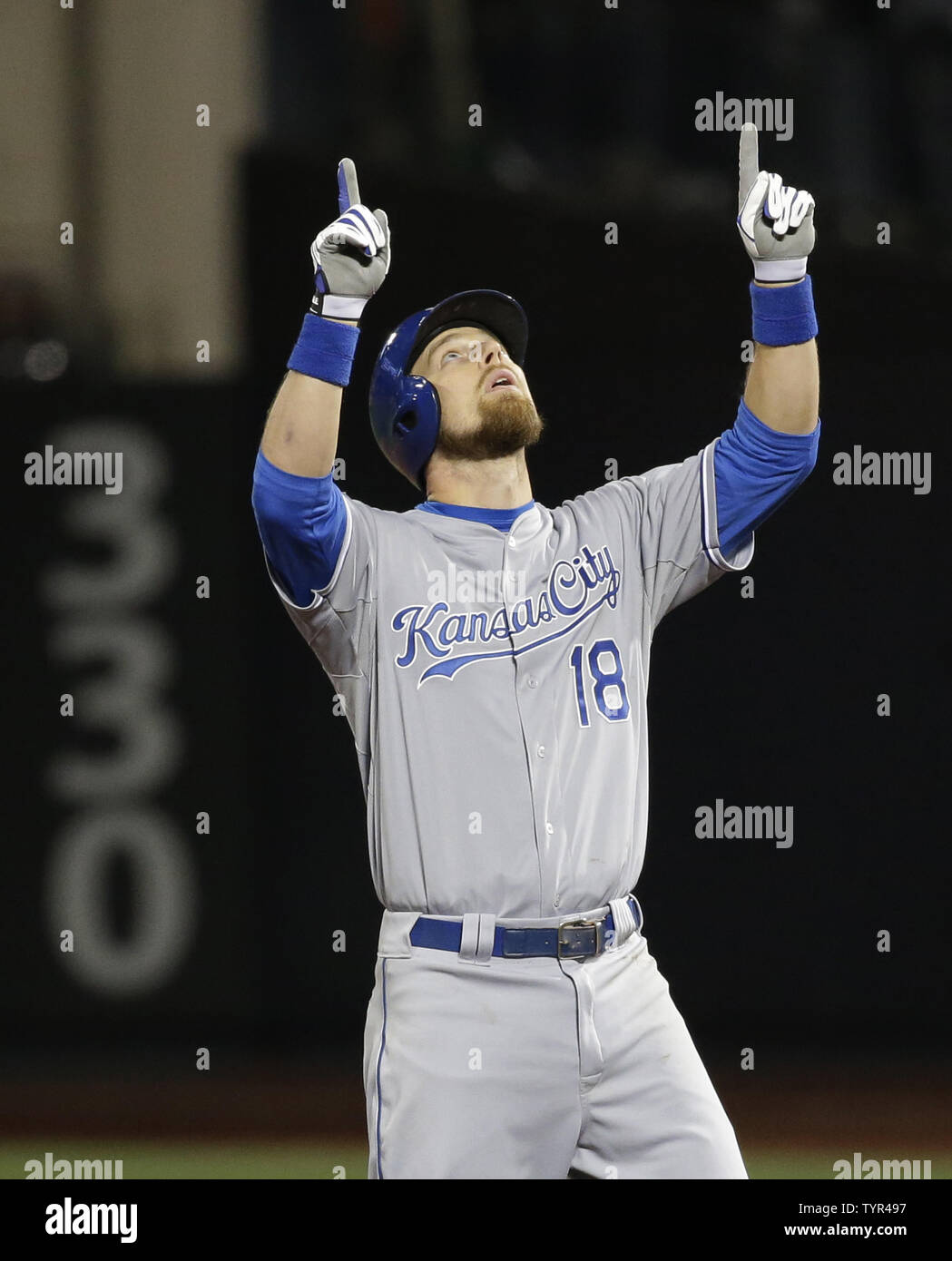 Kansas City Royals Ben Zobrist reacts after hitting a double in the ...