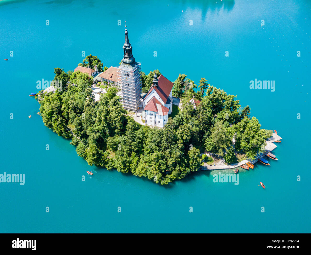Aerial view of Bled Island or Blejski otok, Assumption of Mary church ...