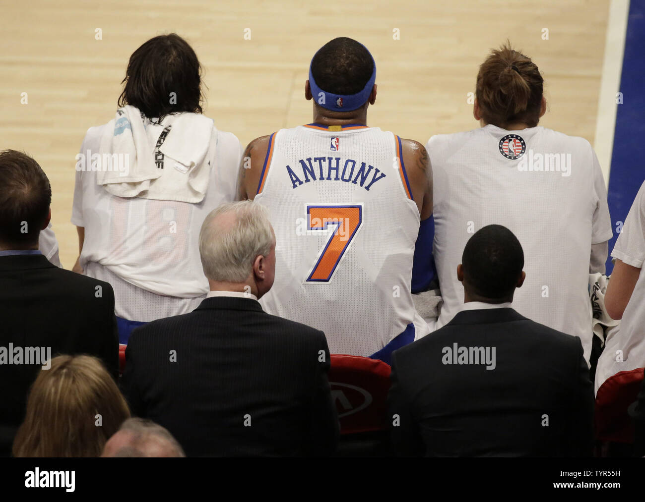 New York Knicks Carmelo Anthony sits on the bench in the first half ...