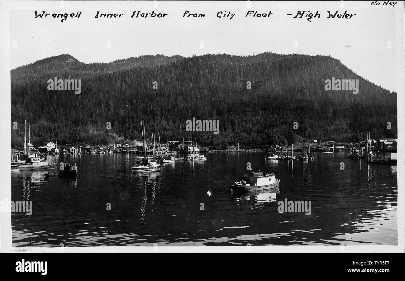 Wrangell Harbor, Alaska. Wrangell inner harbor from City Float at high ...