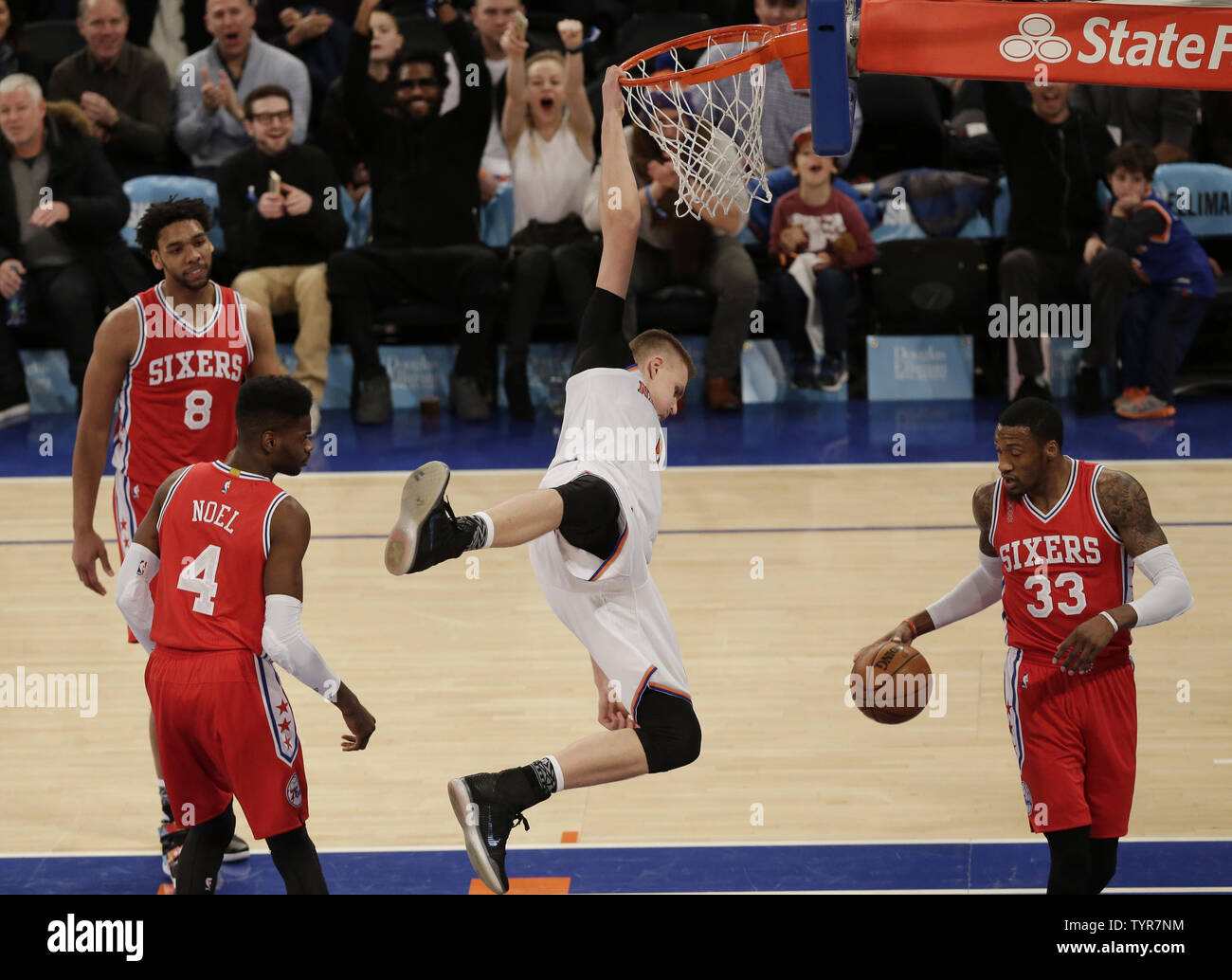New York Knicks Kristaps Porzingis dunks the basketball in the first ...