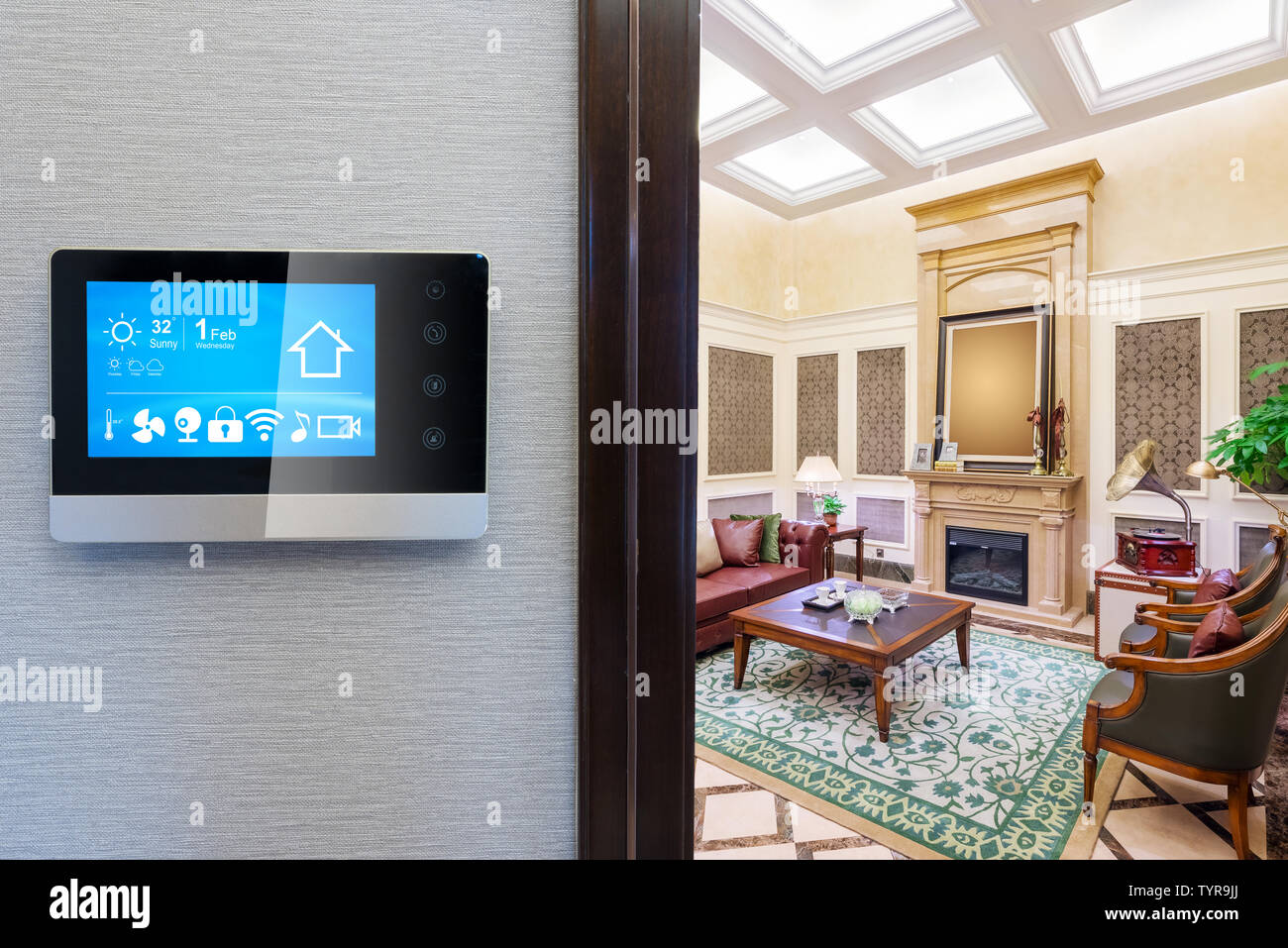 Smart screen with modern living room Stock Photo - Alamy