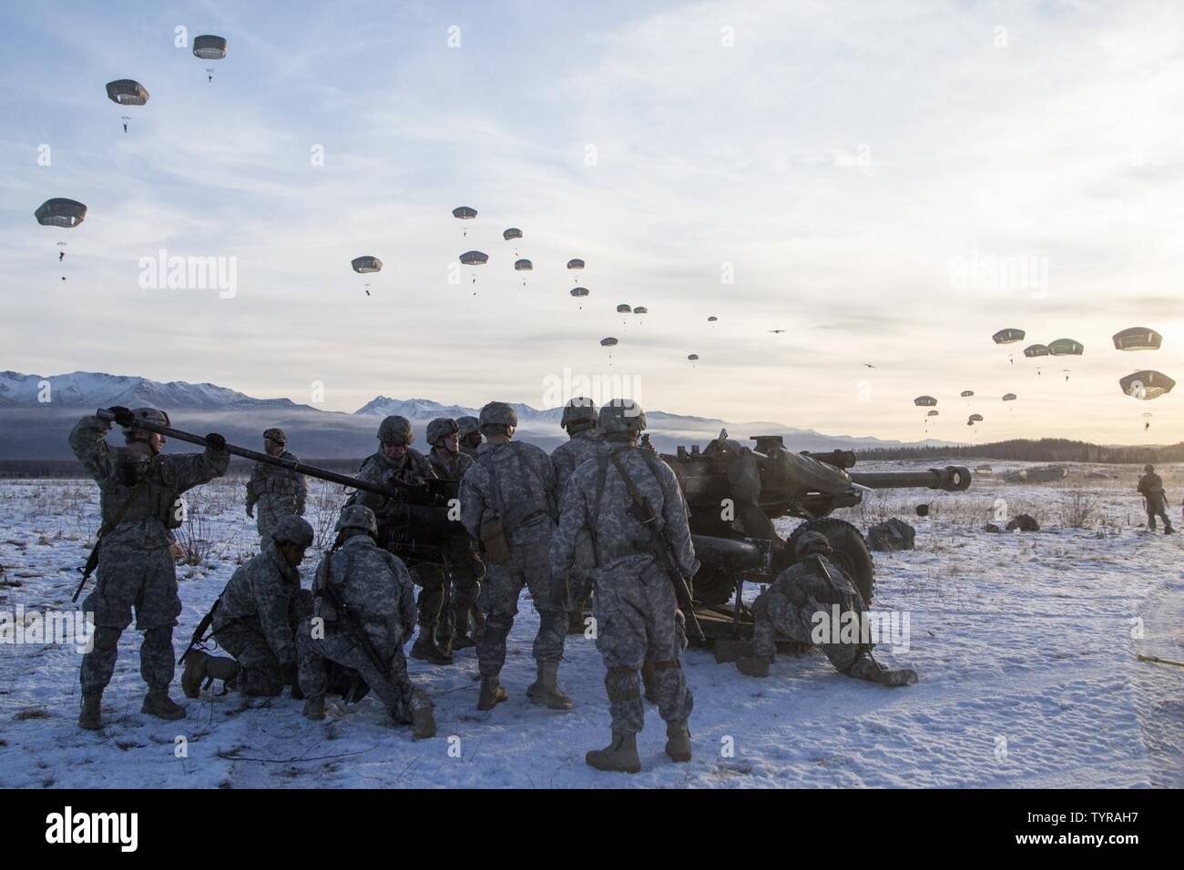 Paratroopers assigned to A Battery, 2nd Battalion, 377th Parachute Field Artillery Regiment, 4th ...