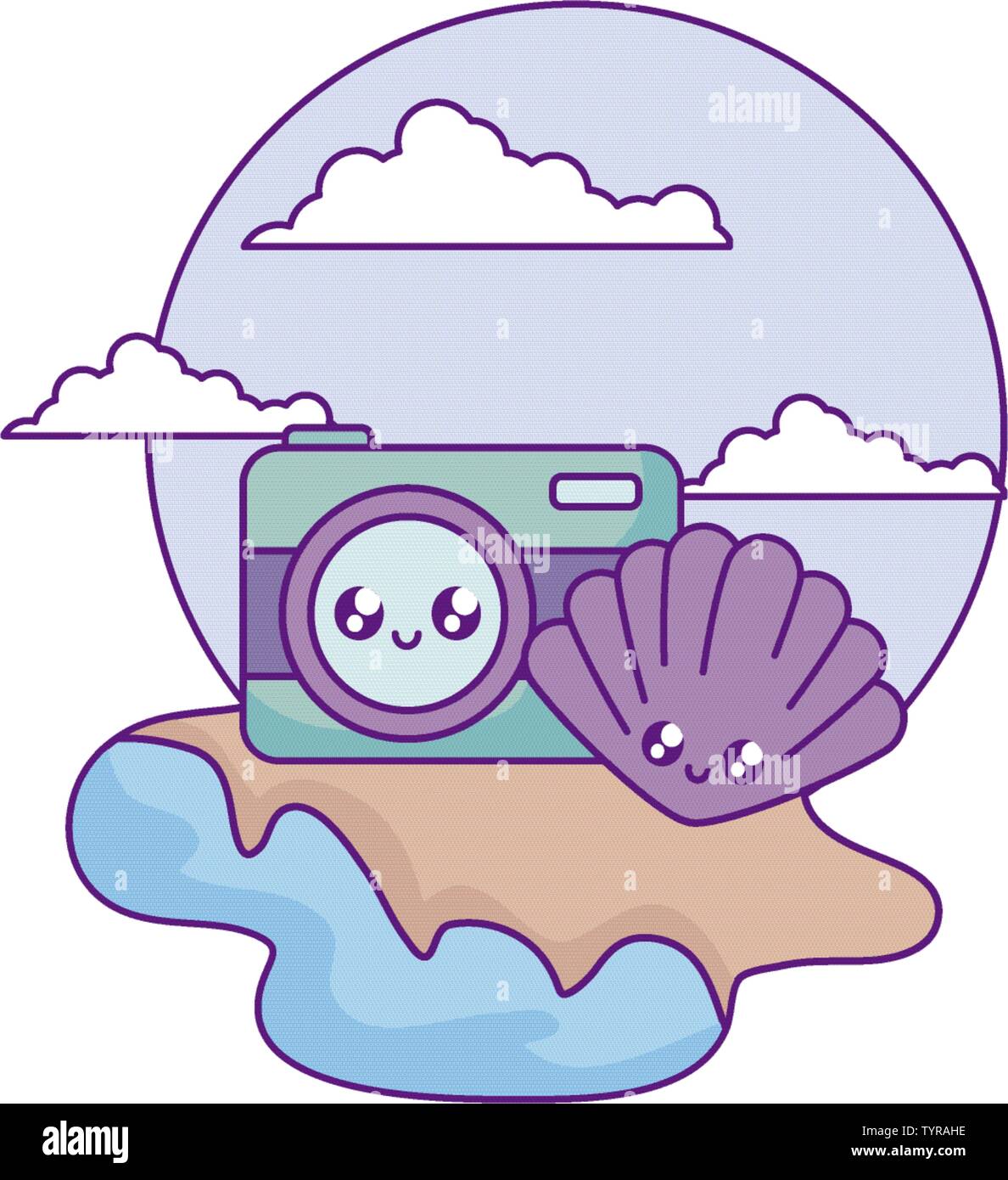 photographic camera with seashell kawaii in the beach vector ...
