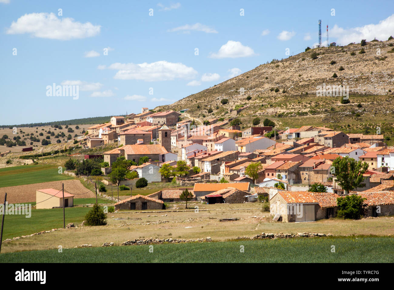 View of the the old Spanish town village of Saldon in the Montes ...