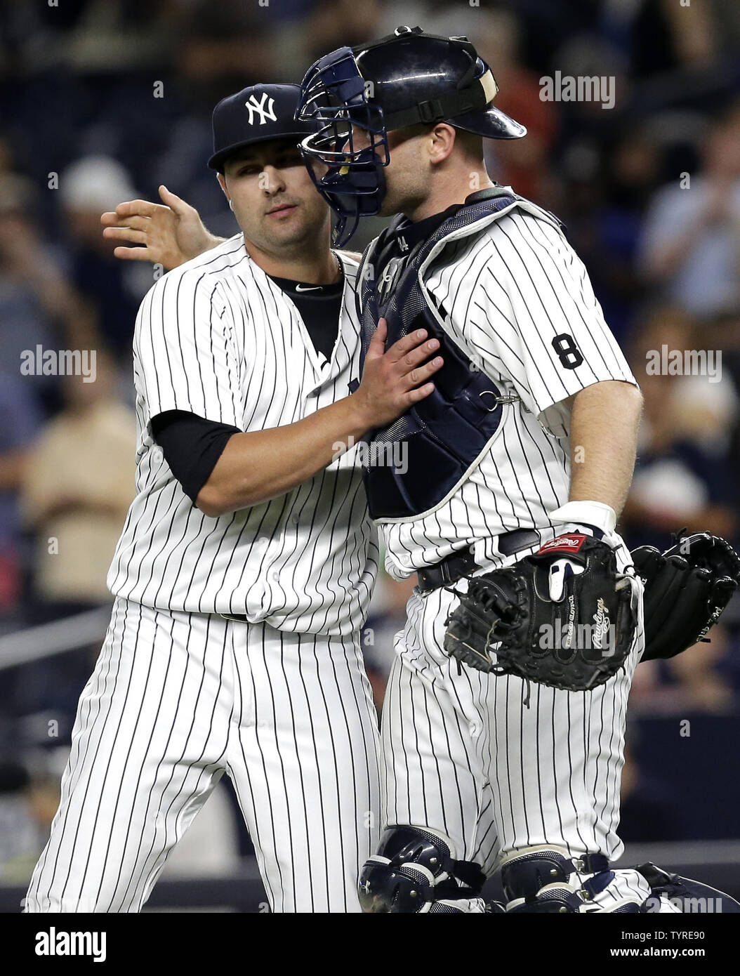 New York Yankees pitcher Nick Goody and Brian McCann celebrate after ...