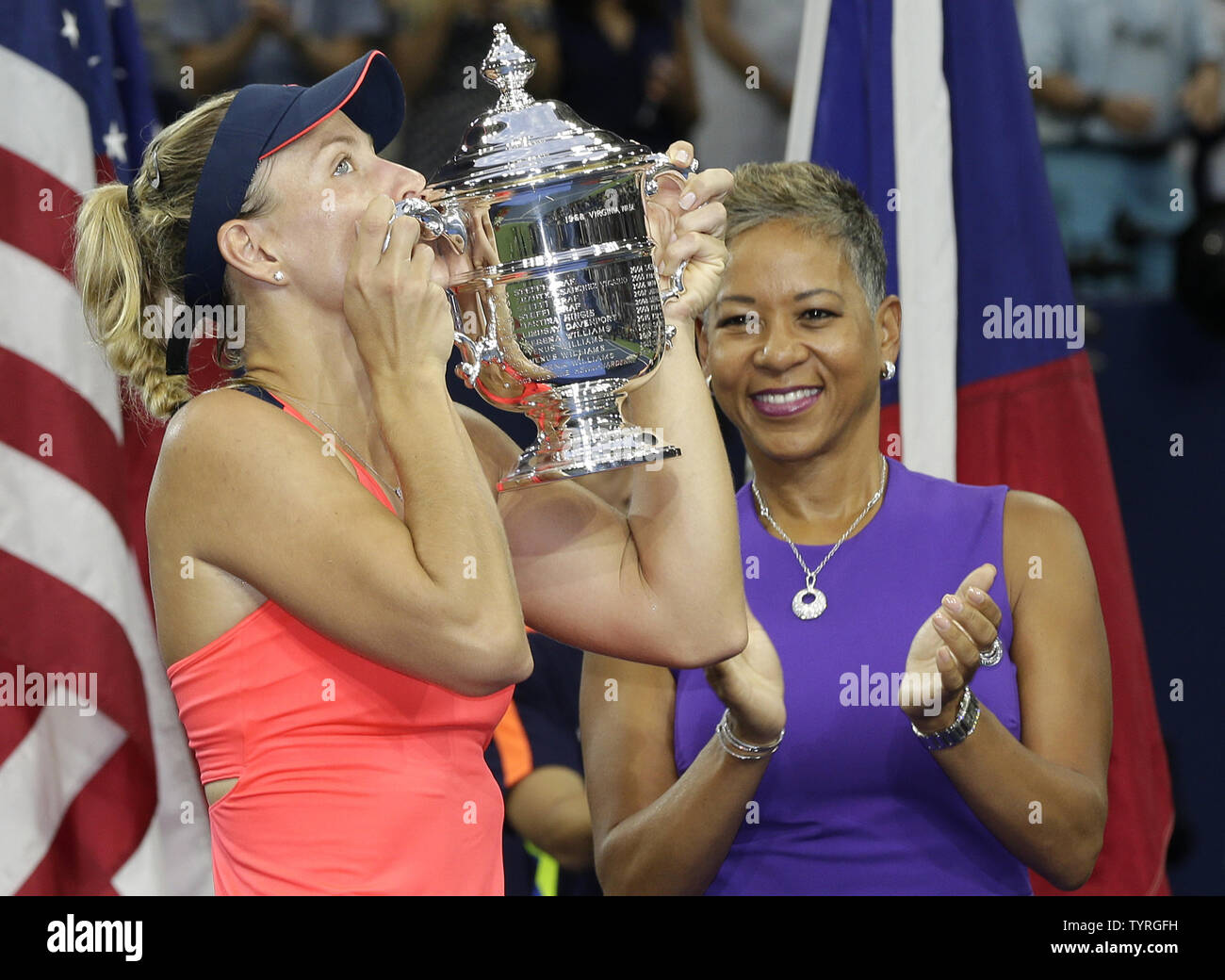 USTA President Katrina Adams watches Angelique Kerber of Germany kiss ...