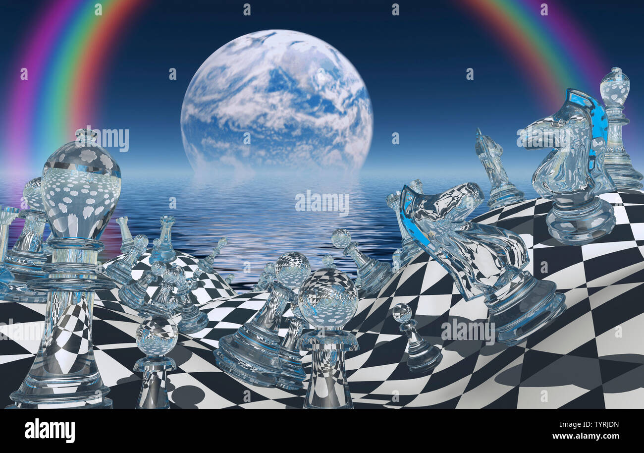 The Game. Surreal chess board with figures. Planet rising above ocean ...