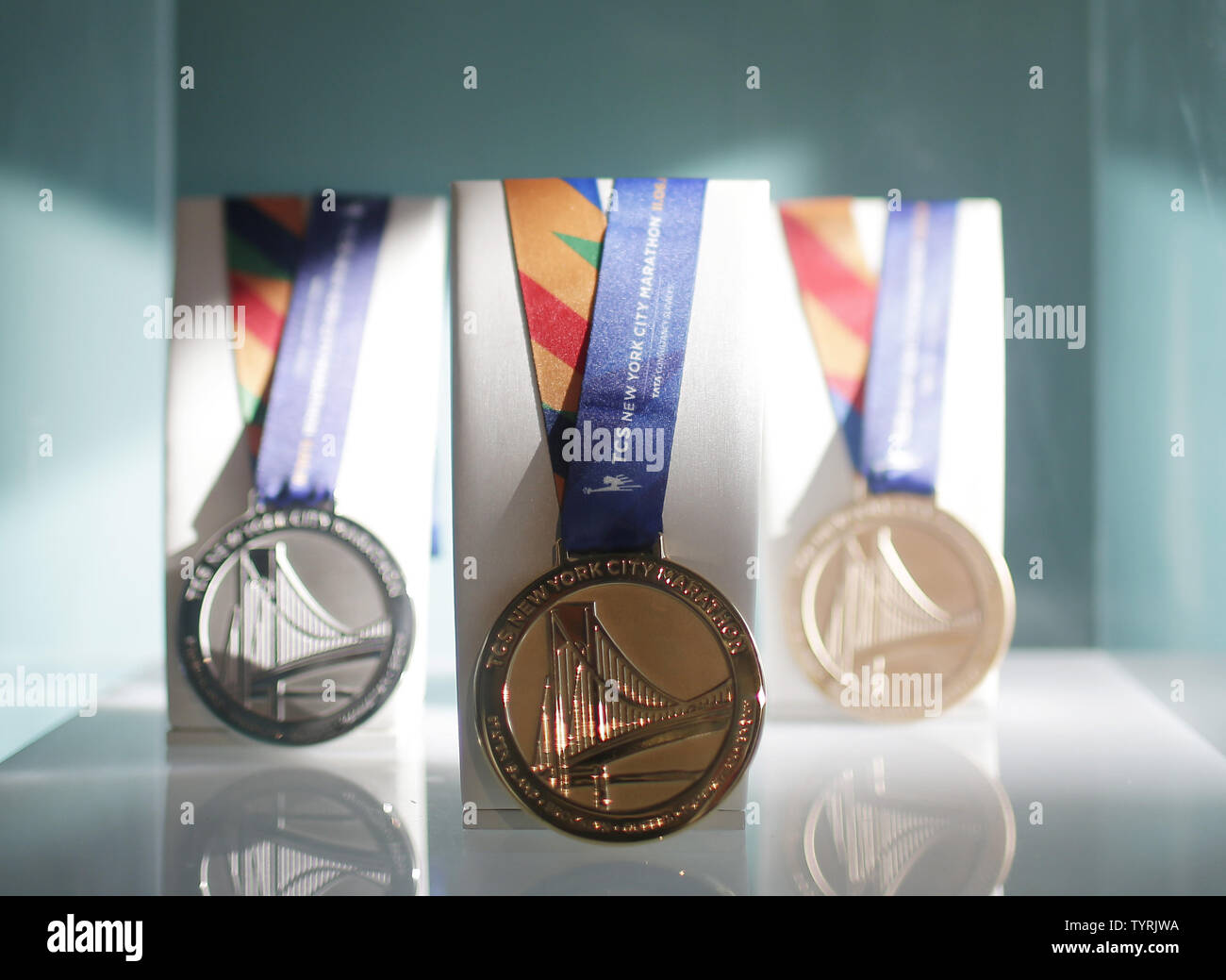 Winner's medals are on display on the grounds of the NYRR TCS New York ...