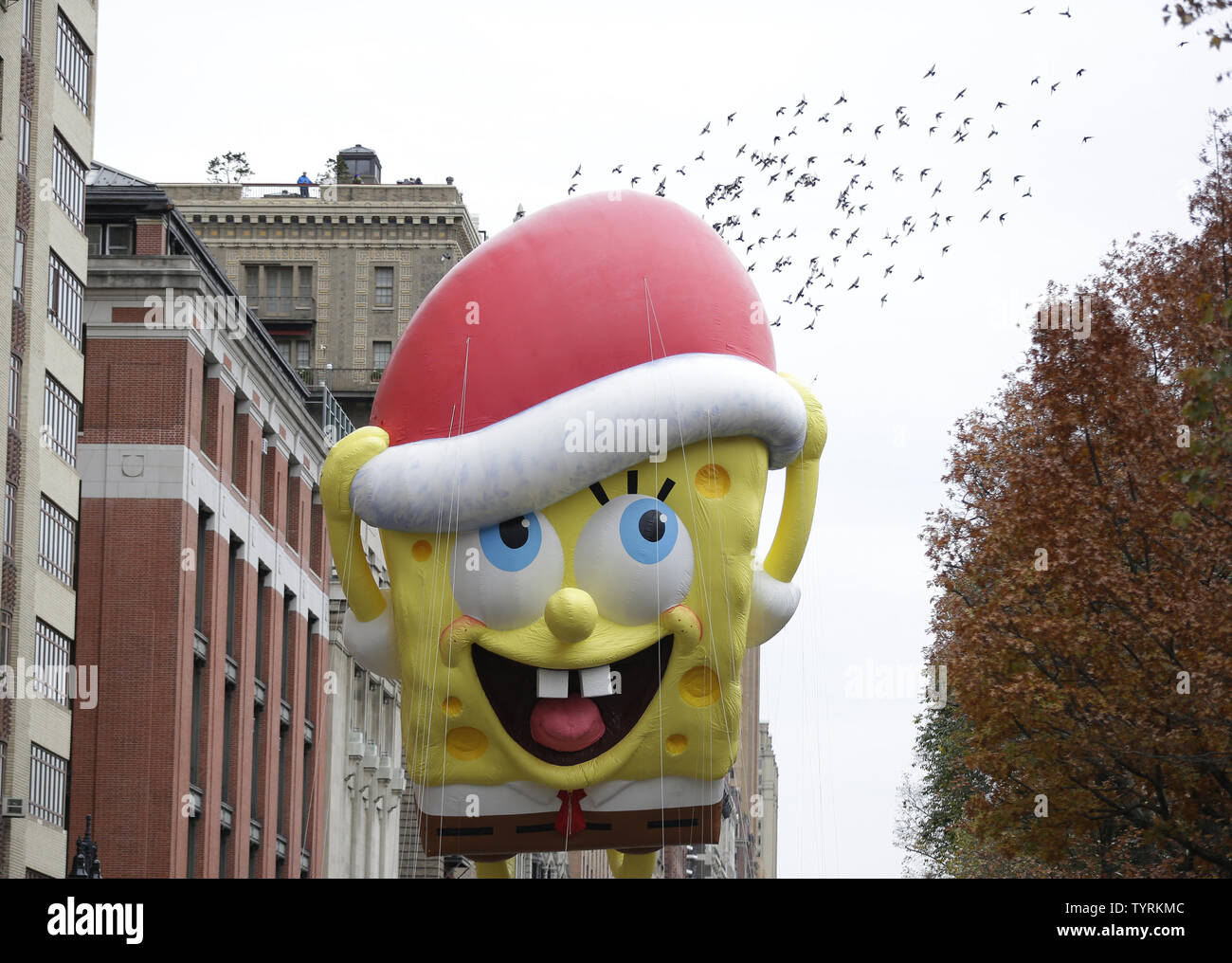The SpongeBob SquarePants balloon moves down the parade route at the ...