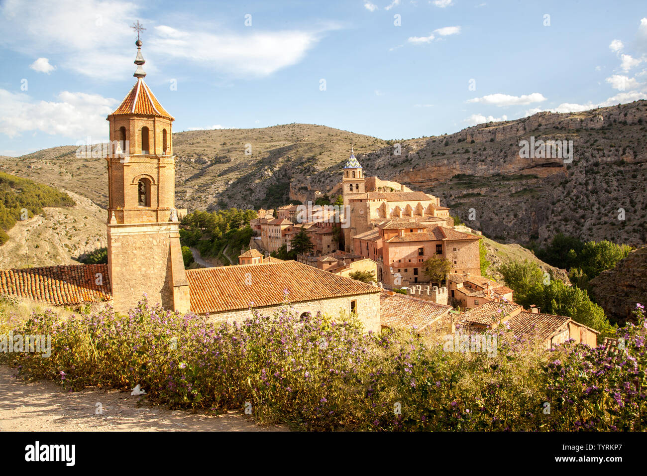 View of the historic Spanish medieval Moorish walled town city of ...