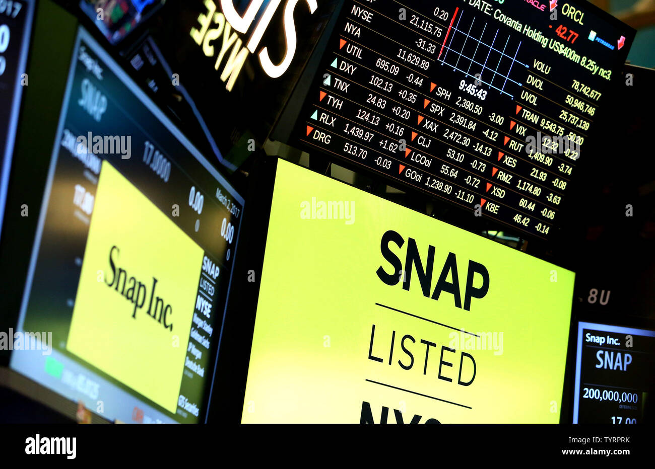 Electronic signs show Snap for the first time as Snap's initial public ...