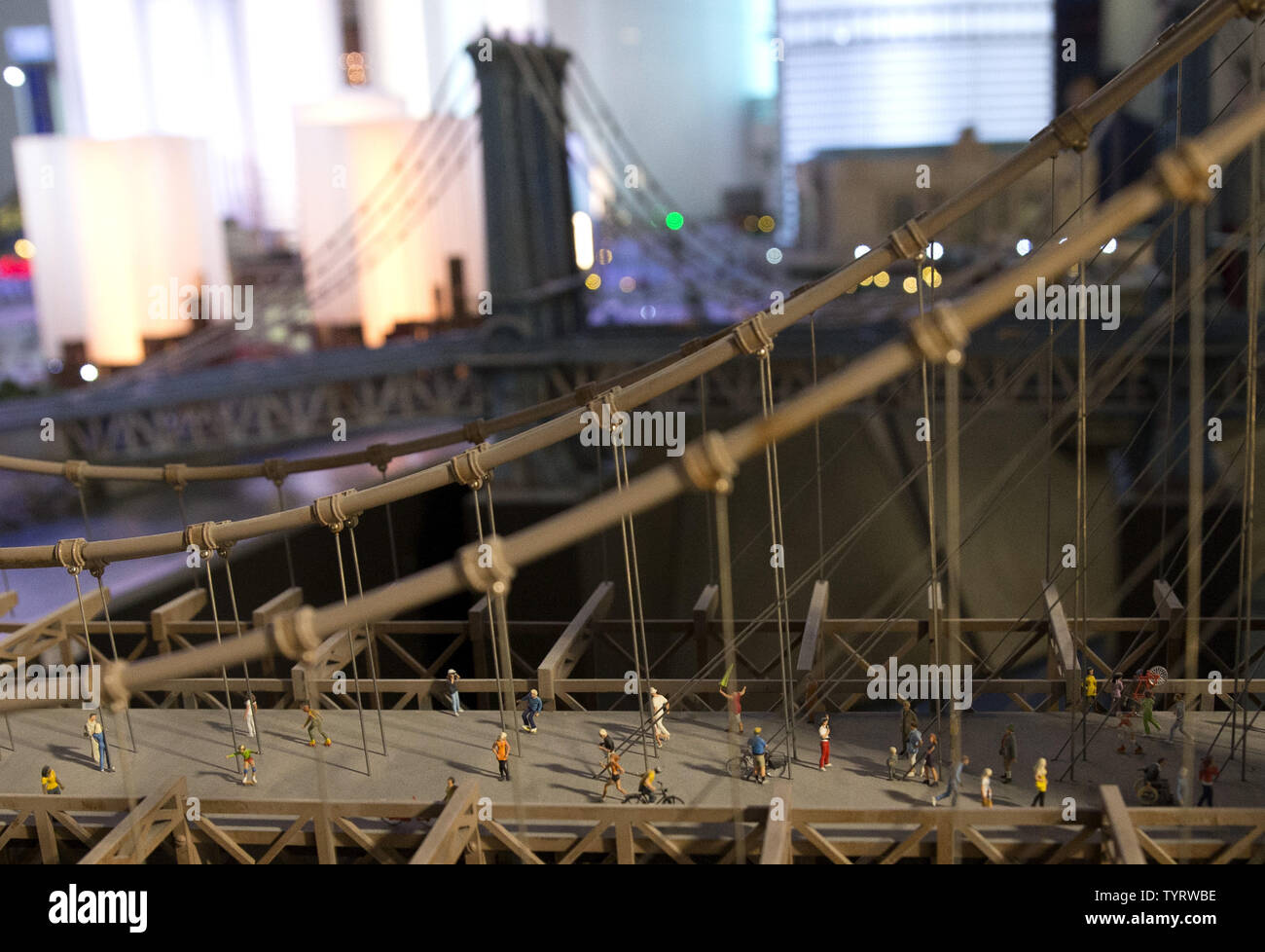 A miniature model of the Brooklyn and Manhattan Bridge in Manhattan is ...