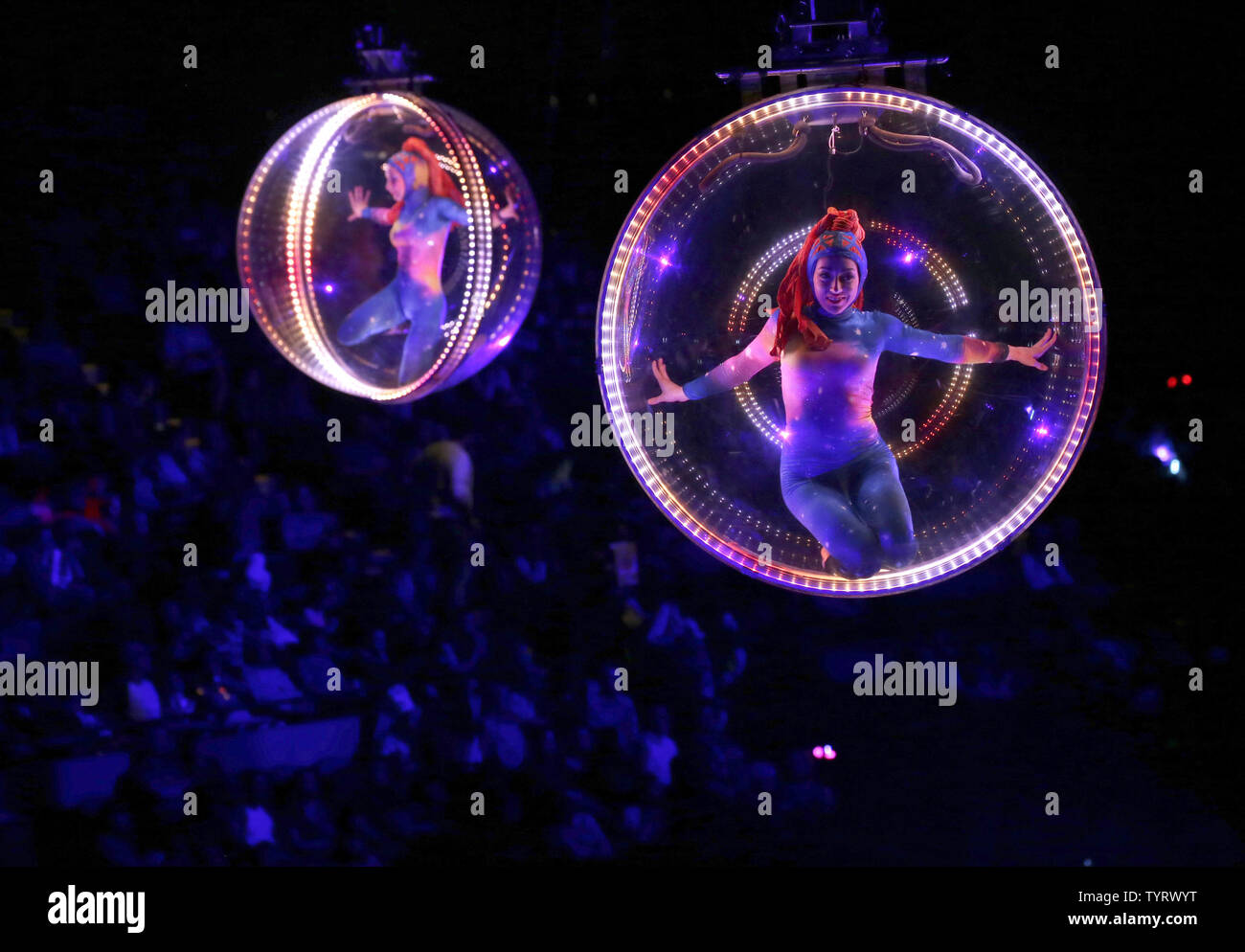 Circus talent perform Acrobatics suspended in the air on the final day ...