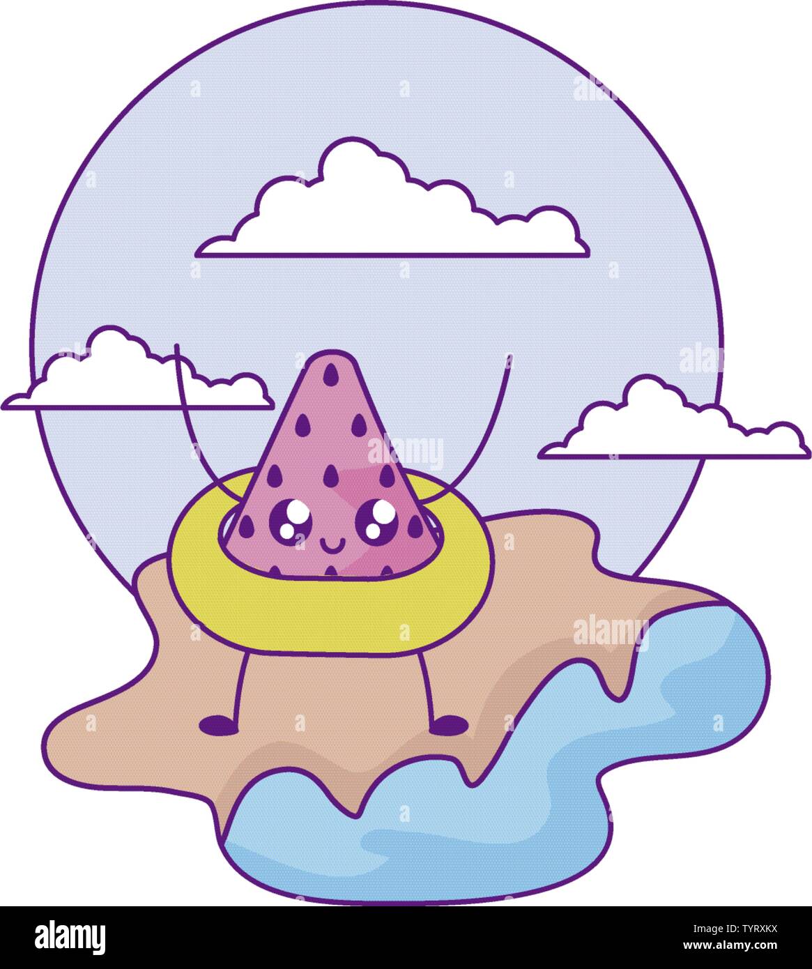 slice of watermelon with float in beach kawaii vector illustration ...
