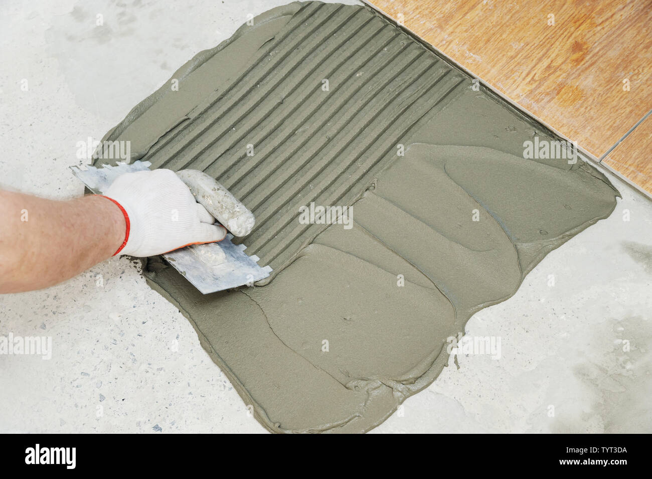 A tiler's hand is holding a notched trowel and combing a adhesive for ...