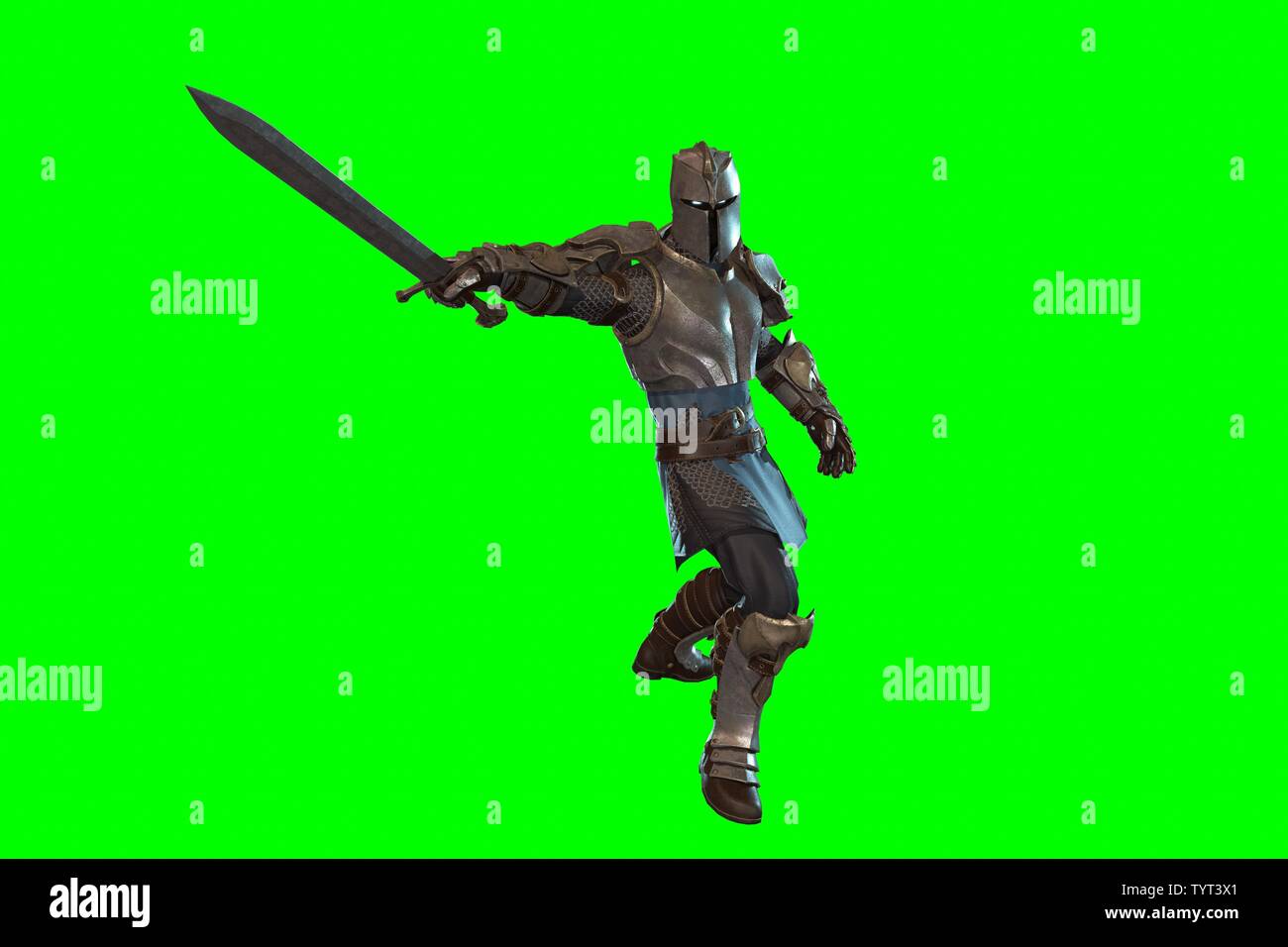 Fantasy character knight with sword in epic pose - 3D render on green ...