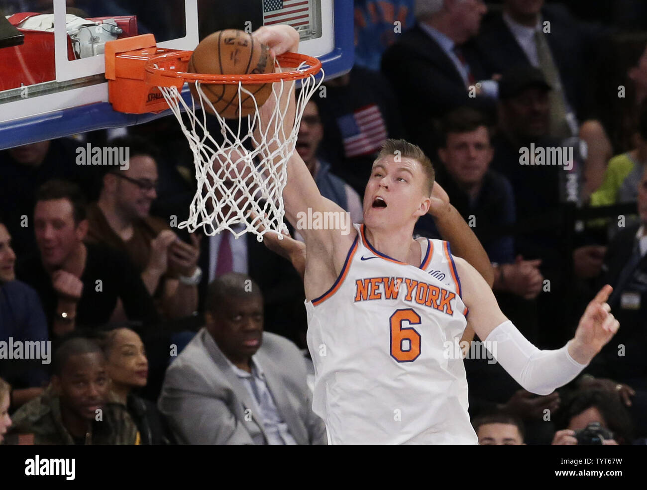 New York Knicks Kristaps Porzingis dunks the basketball in the first ...