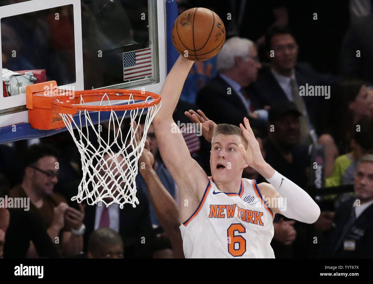 New York Knicks Kristaps Porzingis dunks the basketball in the first ...