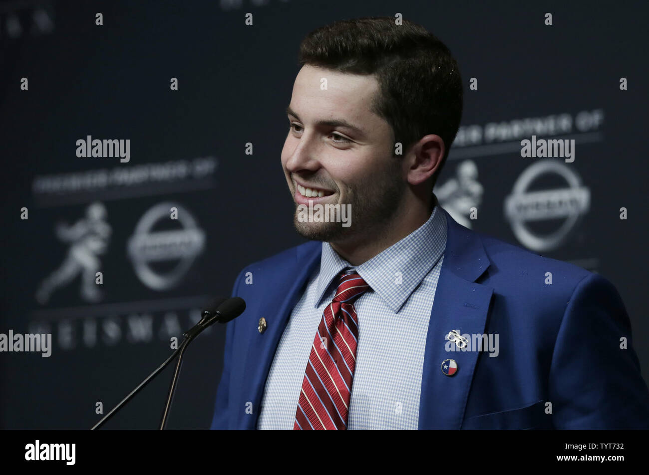 Oklahoma quarterback Baker Mayfield speaks at a press conference at the Marriott Marquis after ...
