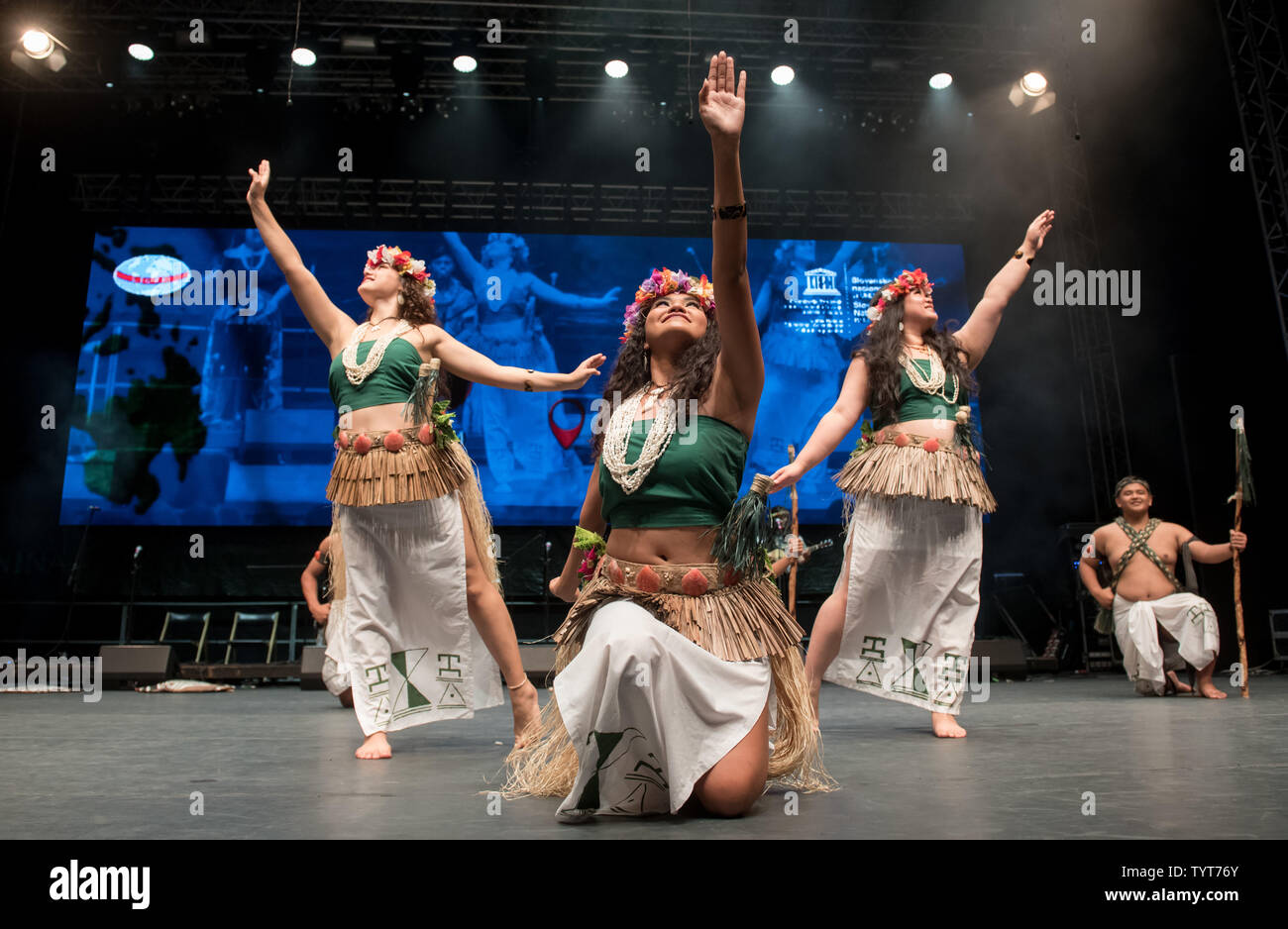 Members of Folk dance group Inetnon Gef Pa'go, Agana from Guam perform ...