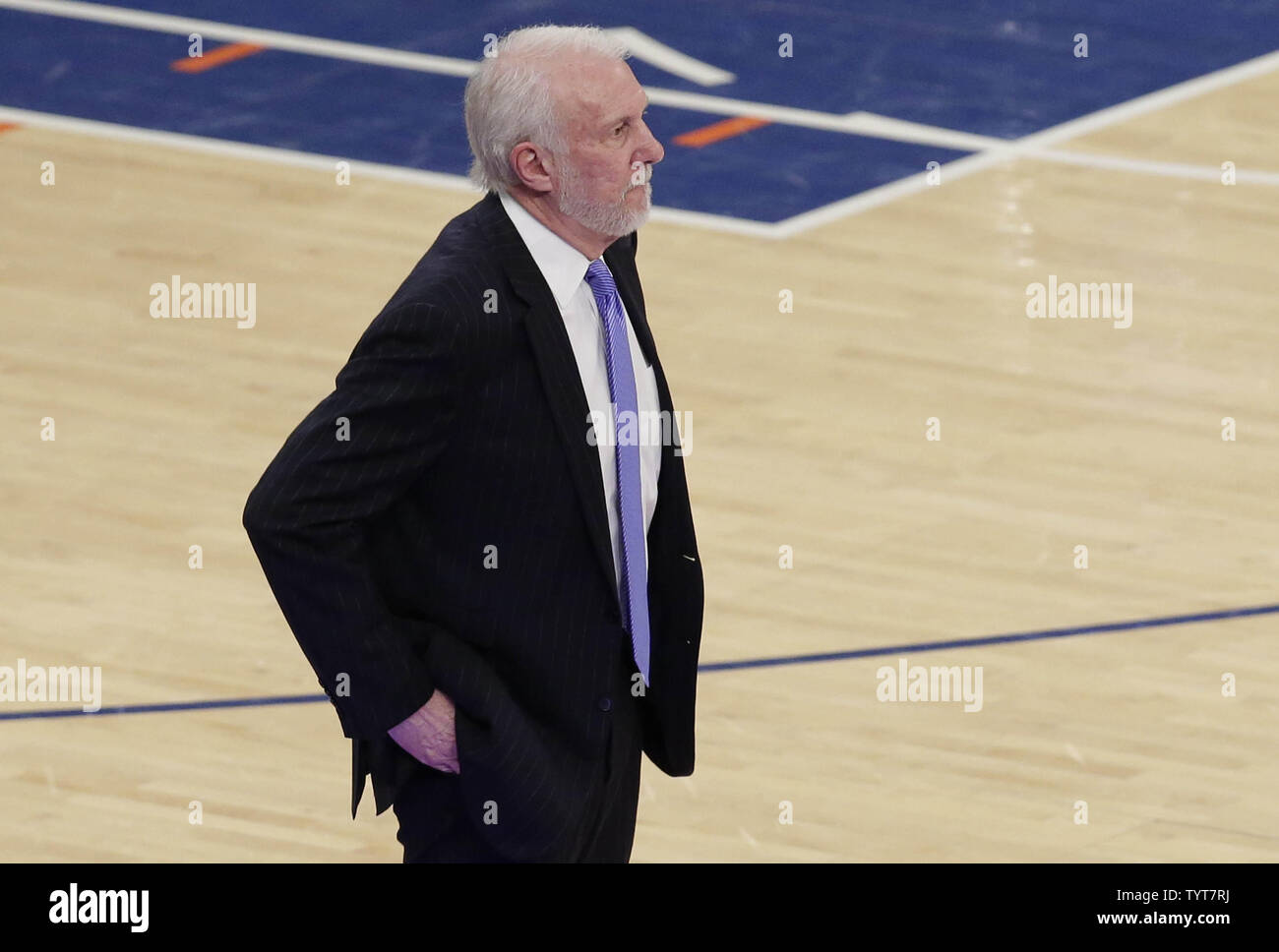 San Antonio Spurs head coach Gregg Popovich stands near the bench in ...