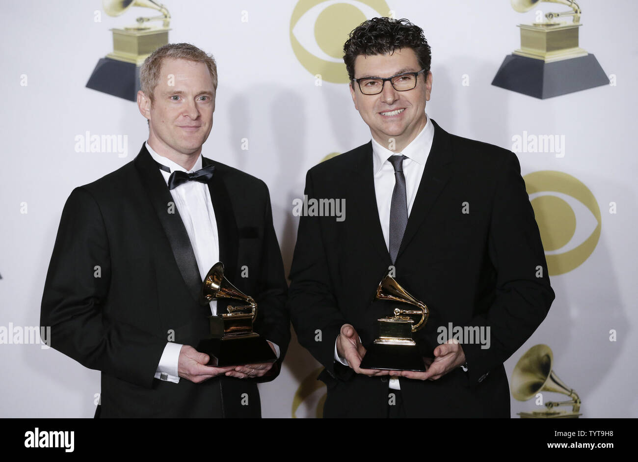 John Hanes and Serban Ghenea stand with the award for Best Engineered ...