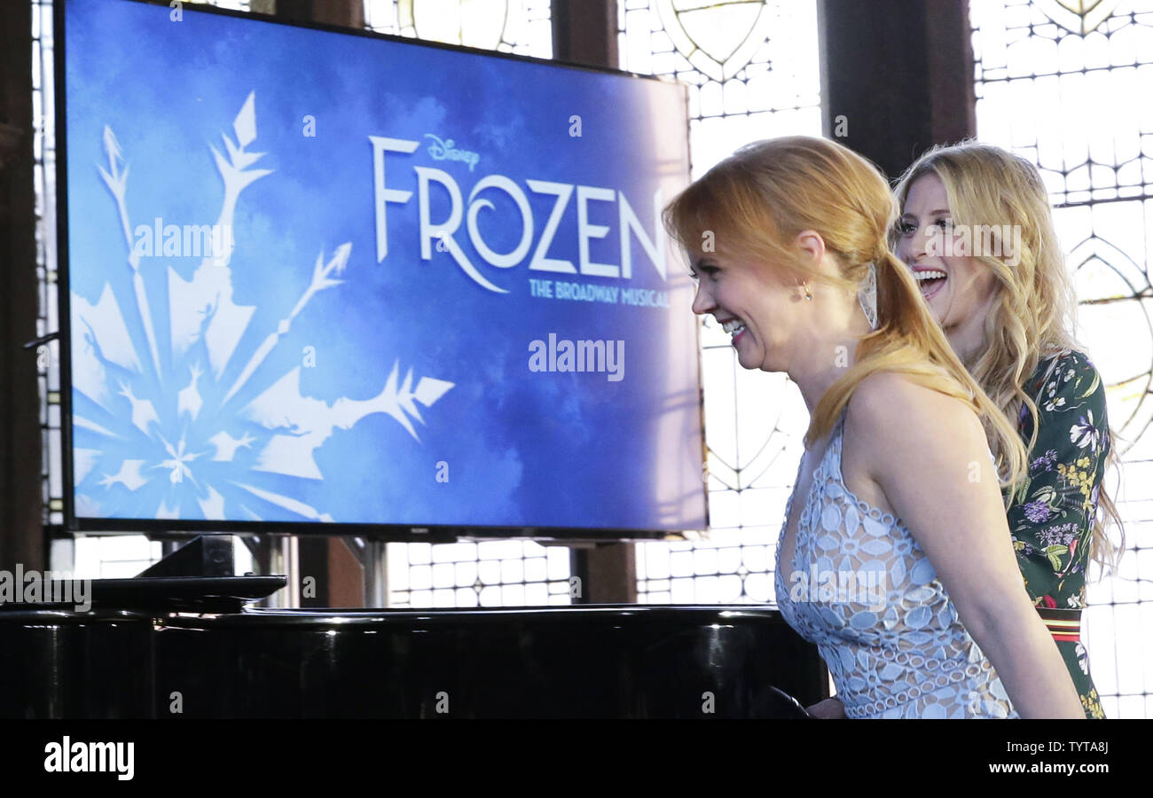 Frozen cast members Caissie Levy (Elsa) and Patti Murin (Anna) smile ...