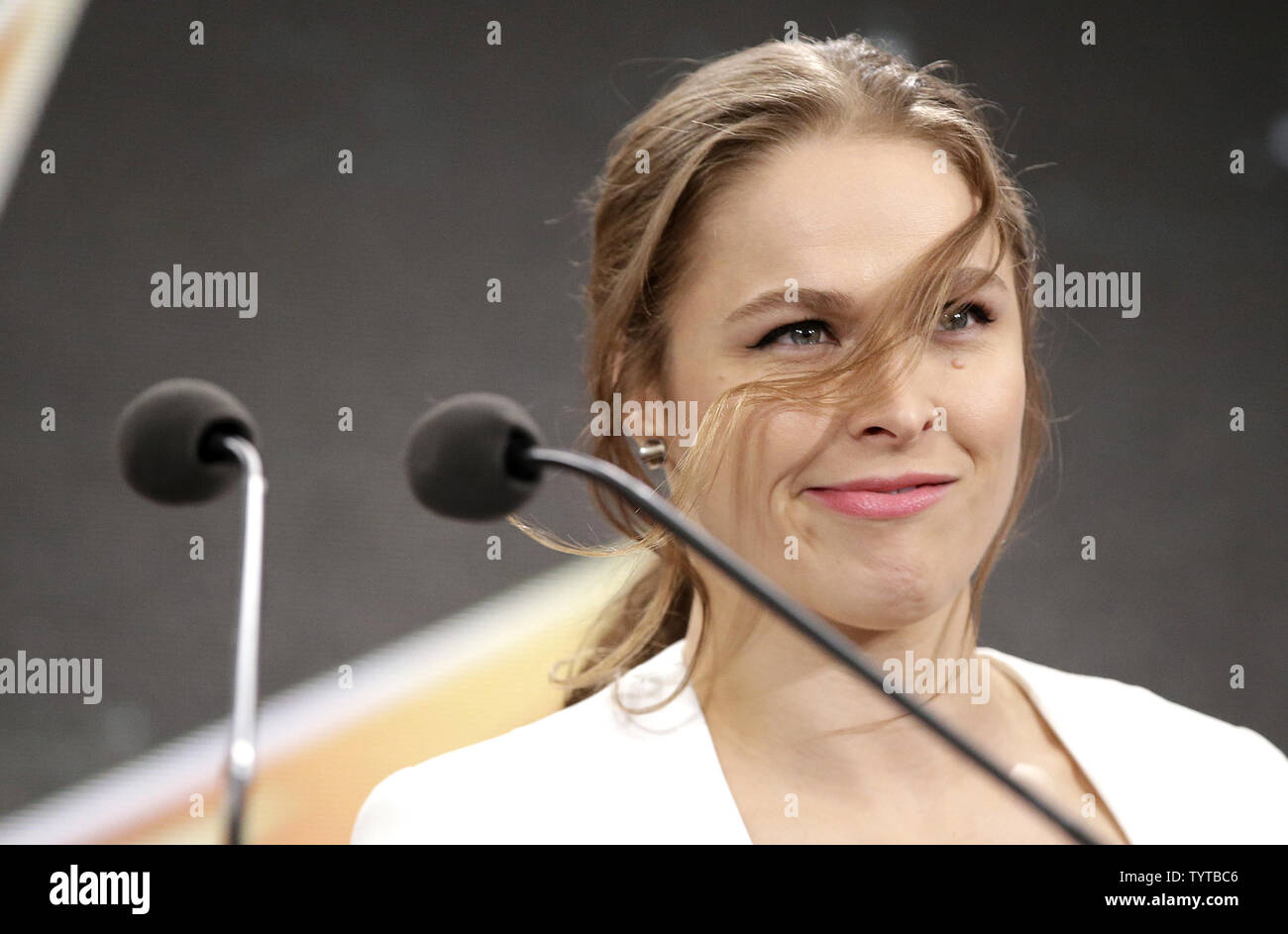 Ronda Rousey speaks at a news conference to officially announce that ...