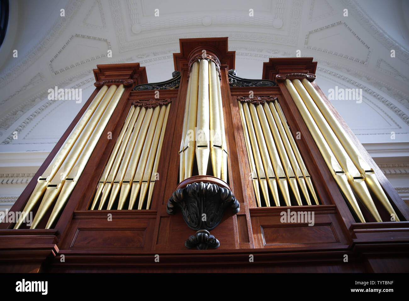 A pipe organ from 1830 by Thomas Appleton is on display at a press ...