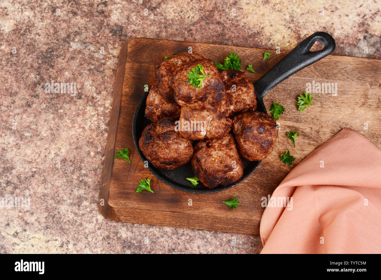 top view meatballs in cast iron skillet Stock Photo - Alamy