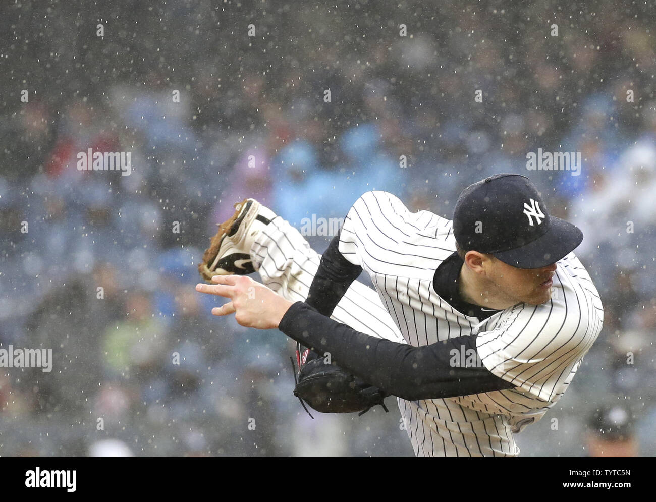 New York Yankees starting pitcher Jordan Montgomerythrows a pitch in the first inning against ...