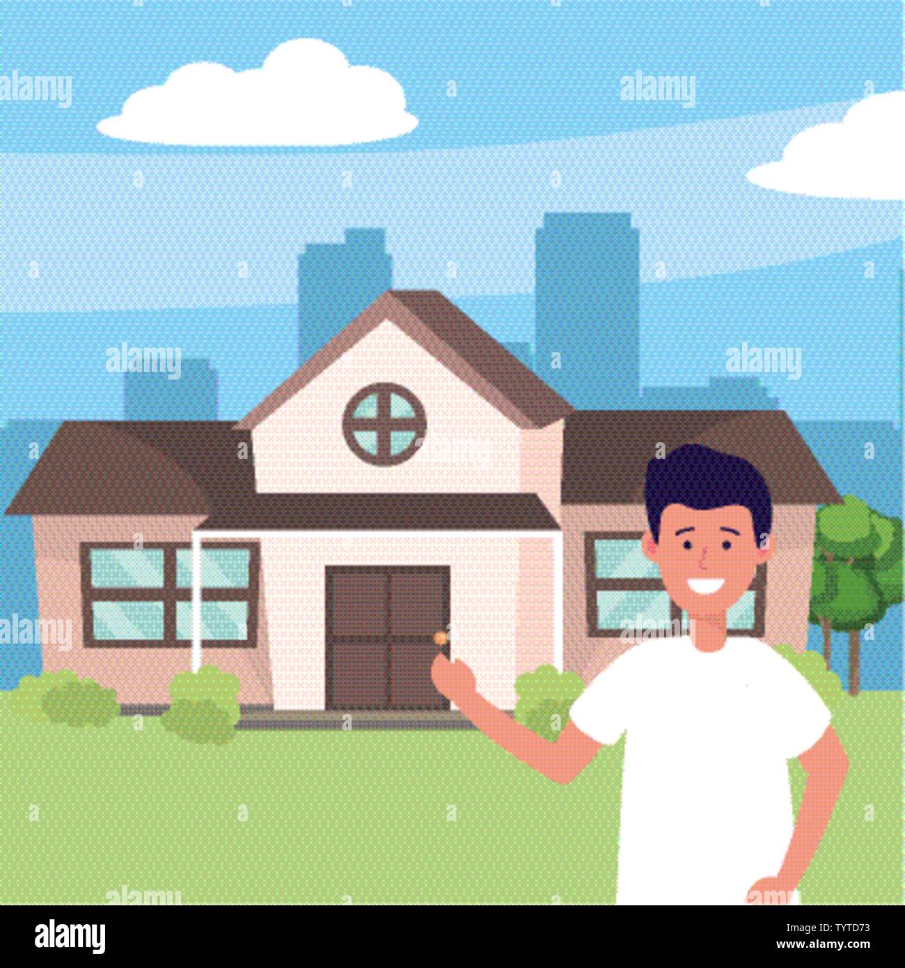 casual happy people young man at urban big house home cartoon vector ...