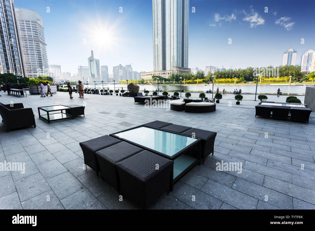 Modern buildings and public square with seats Stock Photo - Alamy
