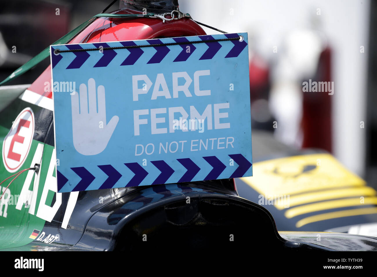 A sign reading Parc Ferme Do Not Enter is visible as Formula E race ...