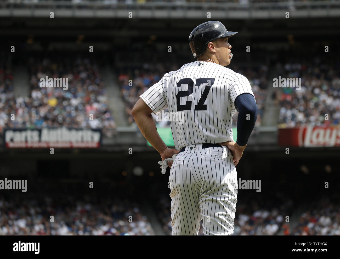 New York Yankees Giancarlo Stanton stands on third base in the 5th ...