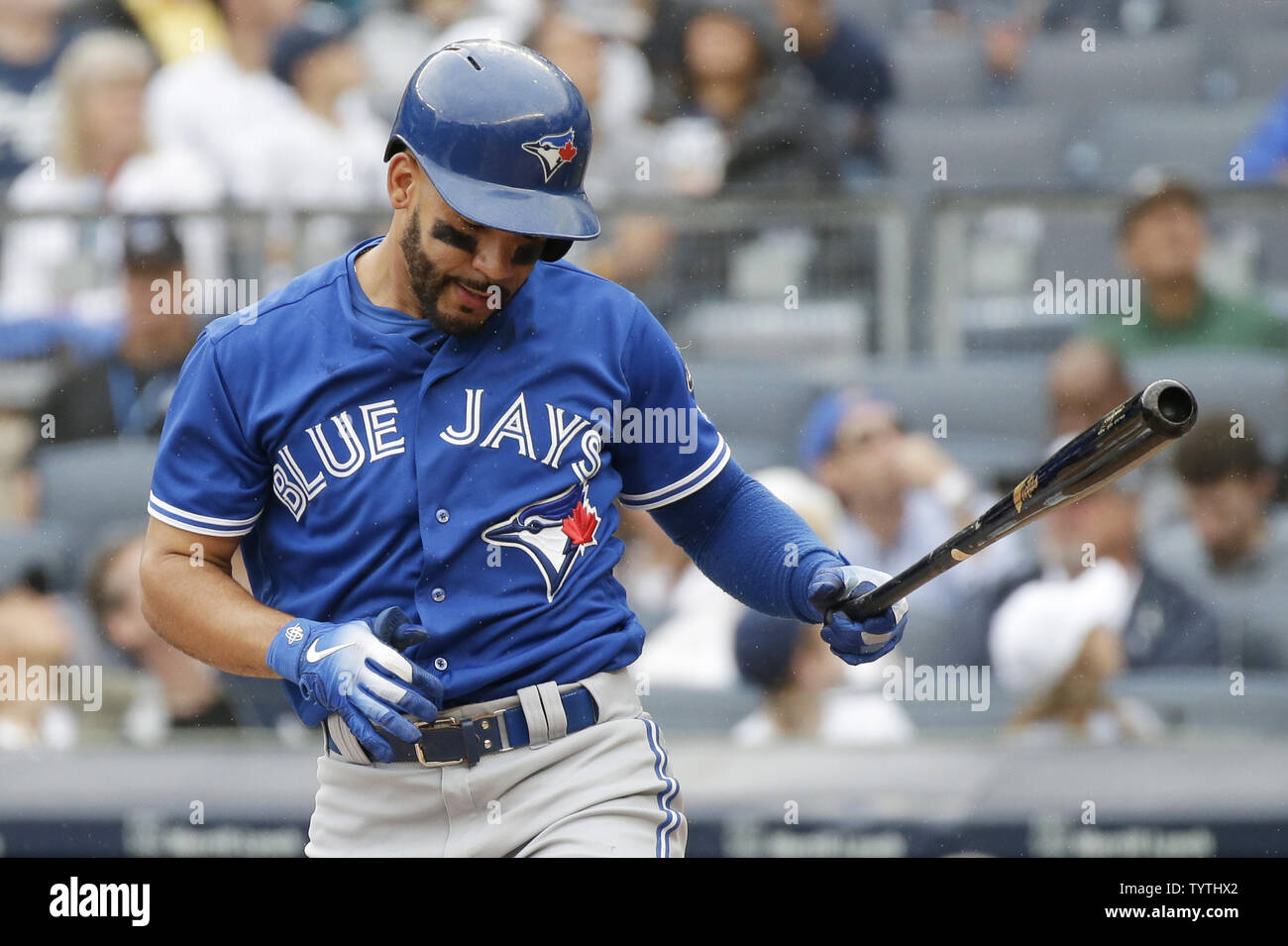 Toronto Blue Jays starting Devon Travis reacts after striking out in ...