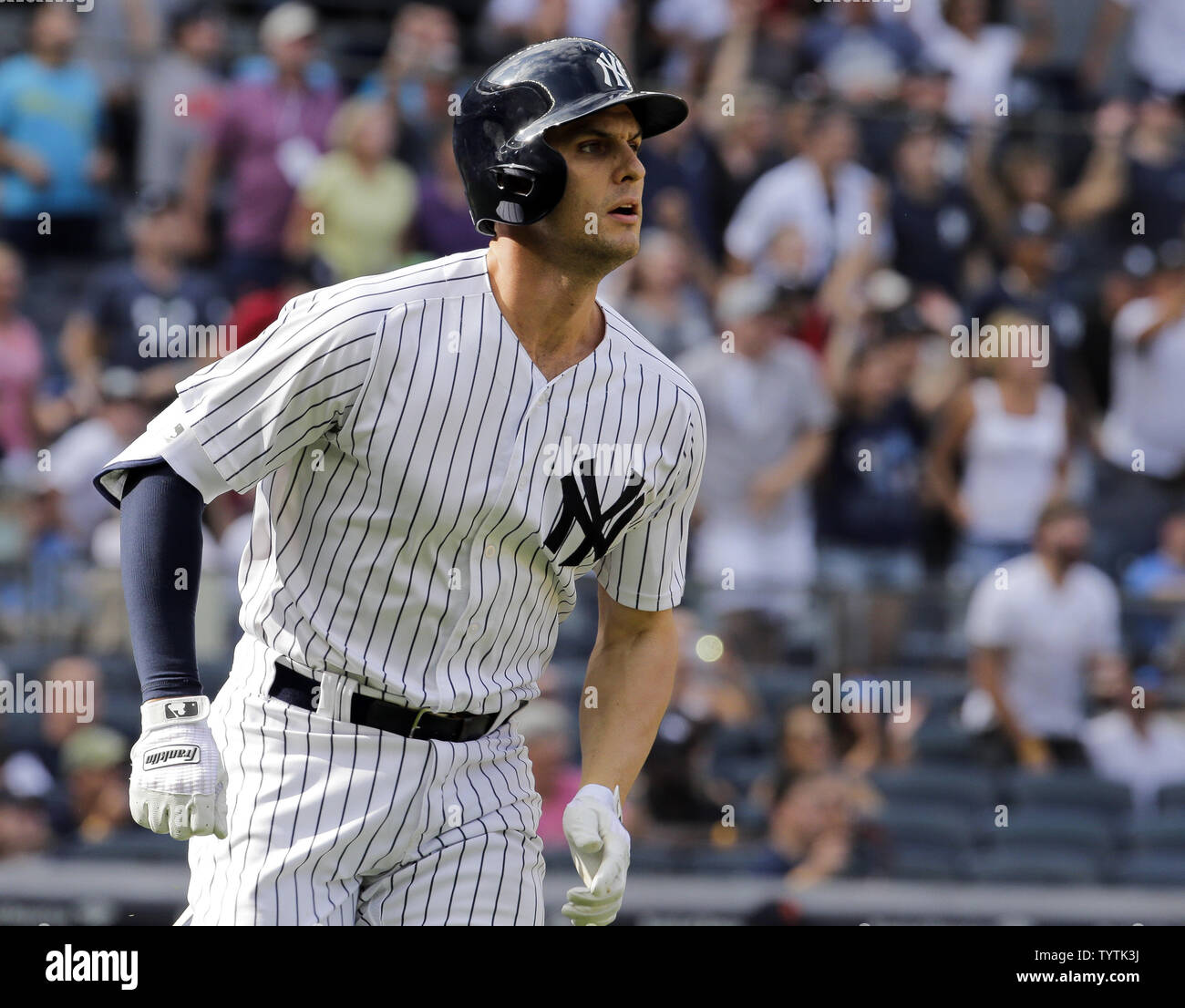 New York Yankees pinch hitter Greg Bird watches as his drive to right ...
