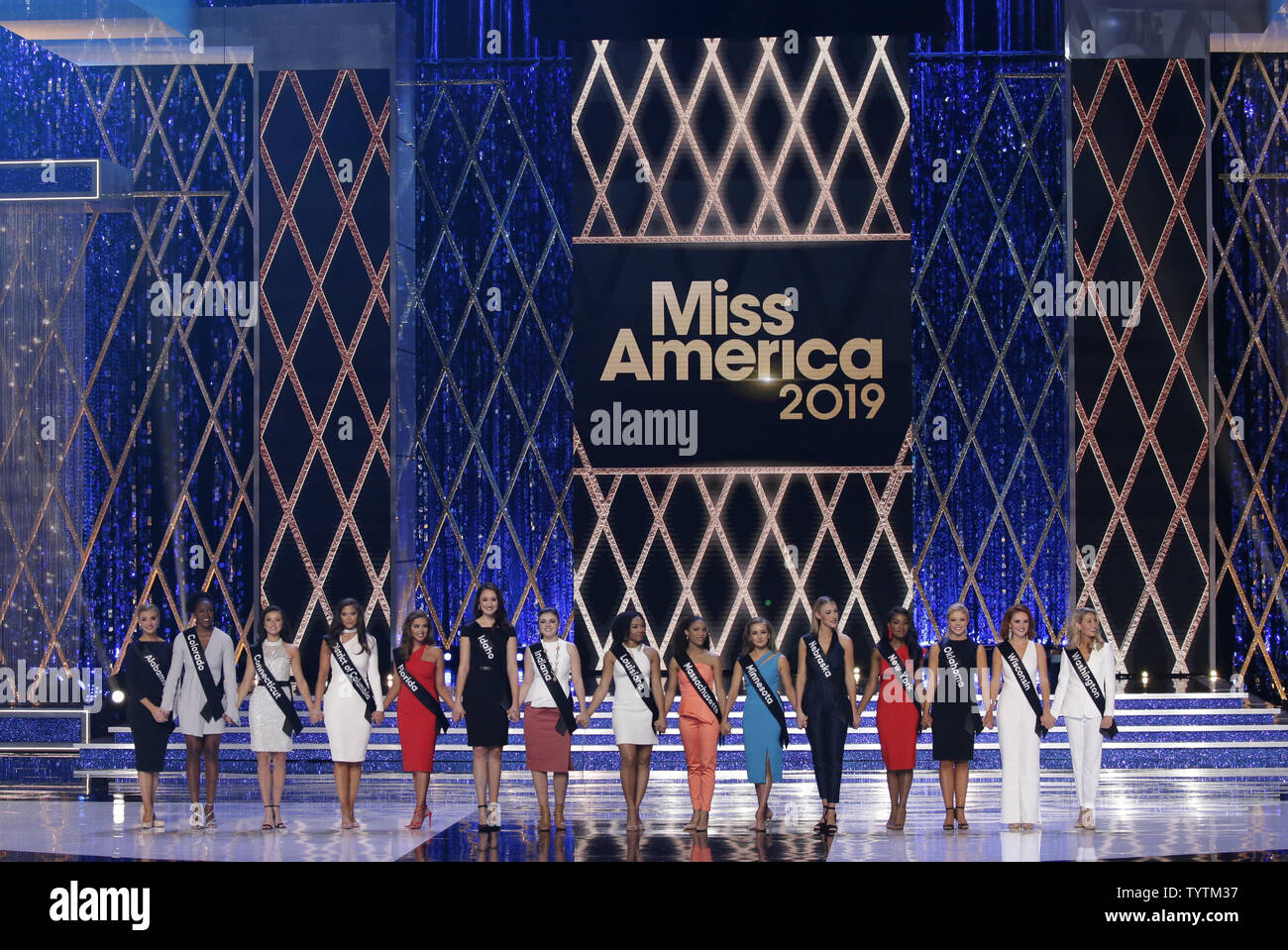 Miss America contestants stand on the stage before Miss New York Nia ...