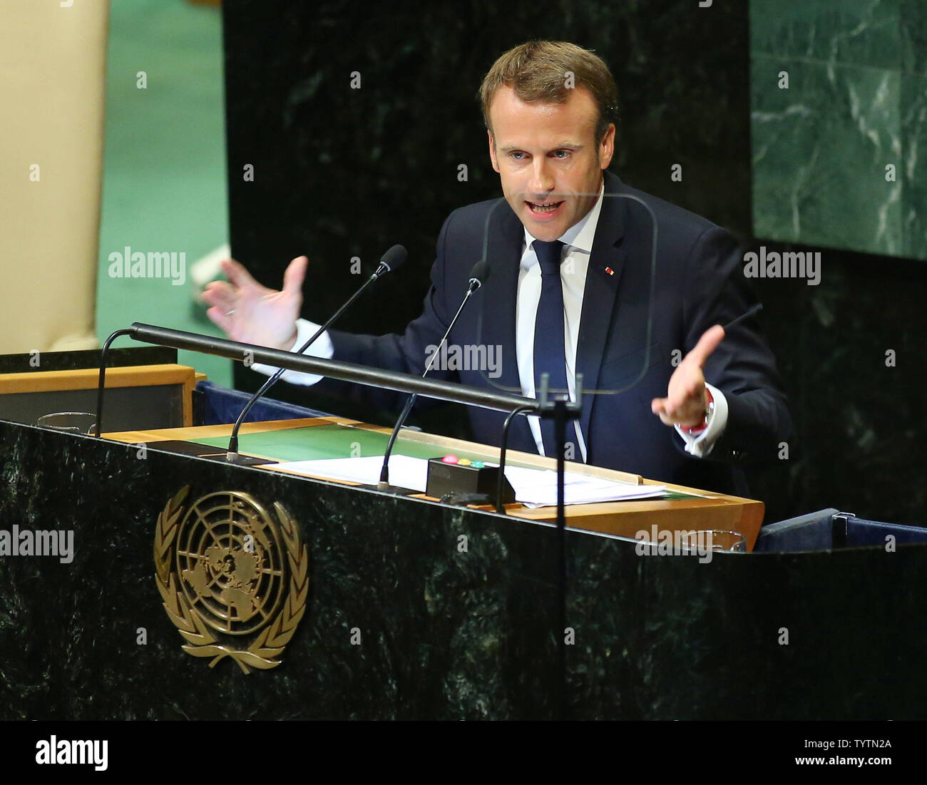 Emmanuel Macron, president of France, speaks at the 73rd General Debate ...
