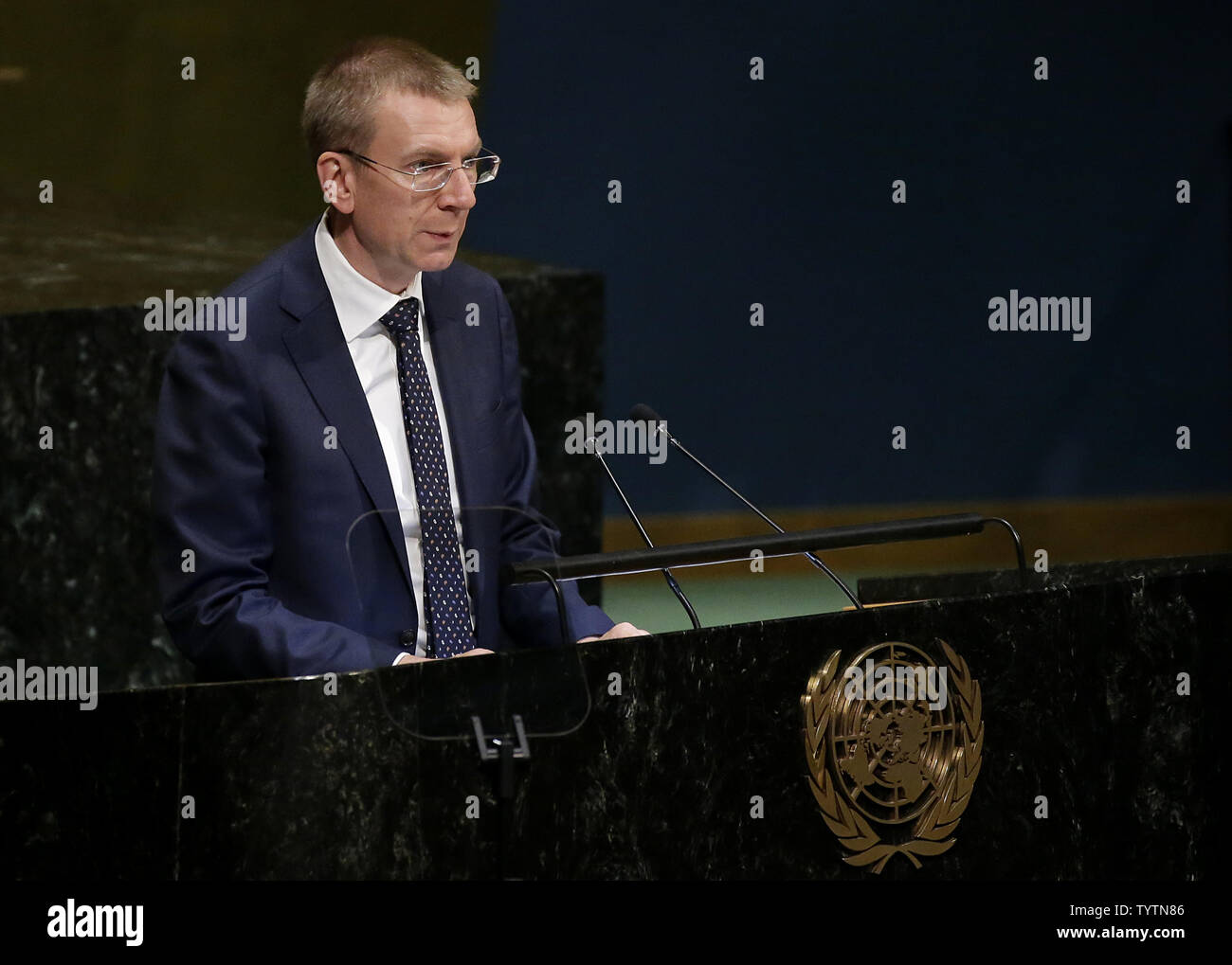 Latvia Minister of Foreign Affairs Edgars Rinkevics speaks at the 73rd ...