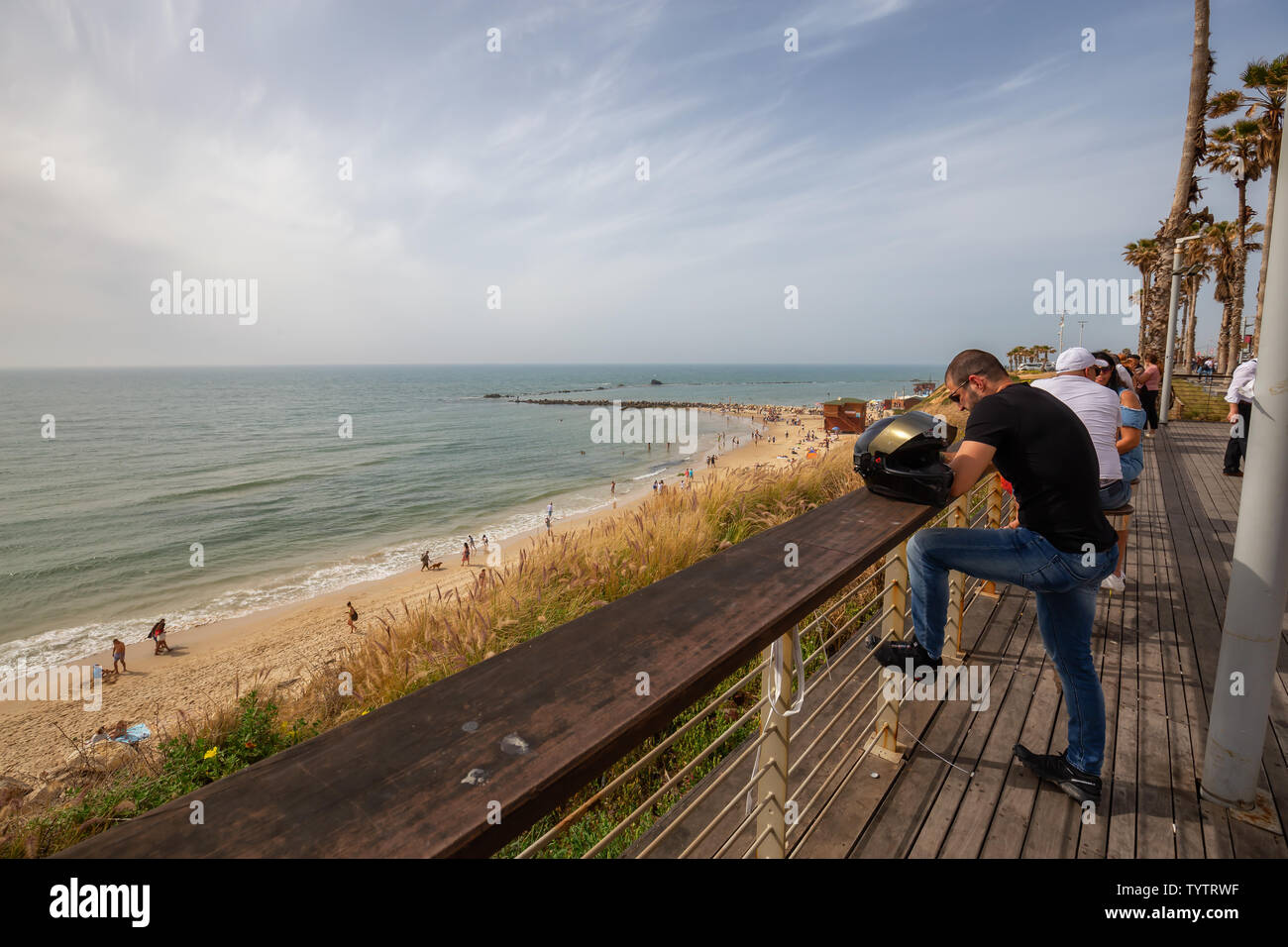 Tel Aviv, Israel - April 13, 2019: Beautiful view of a crowded beach in ...