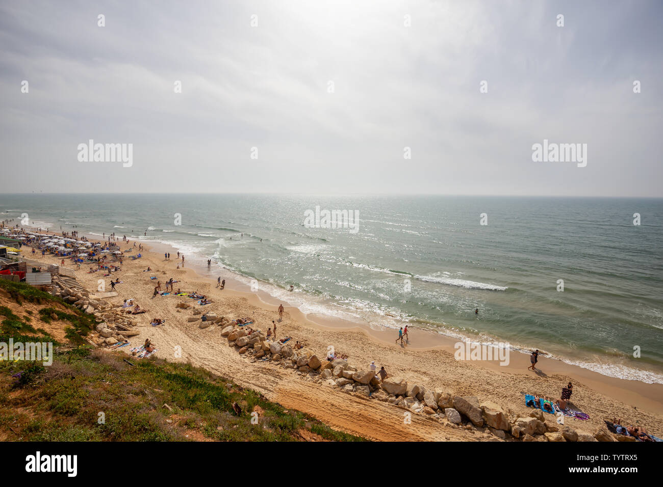 Tel Aviv, Israel - April 13, 2019: Beautiful view of a crowded beach in ...