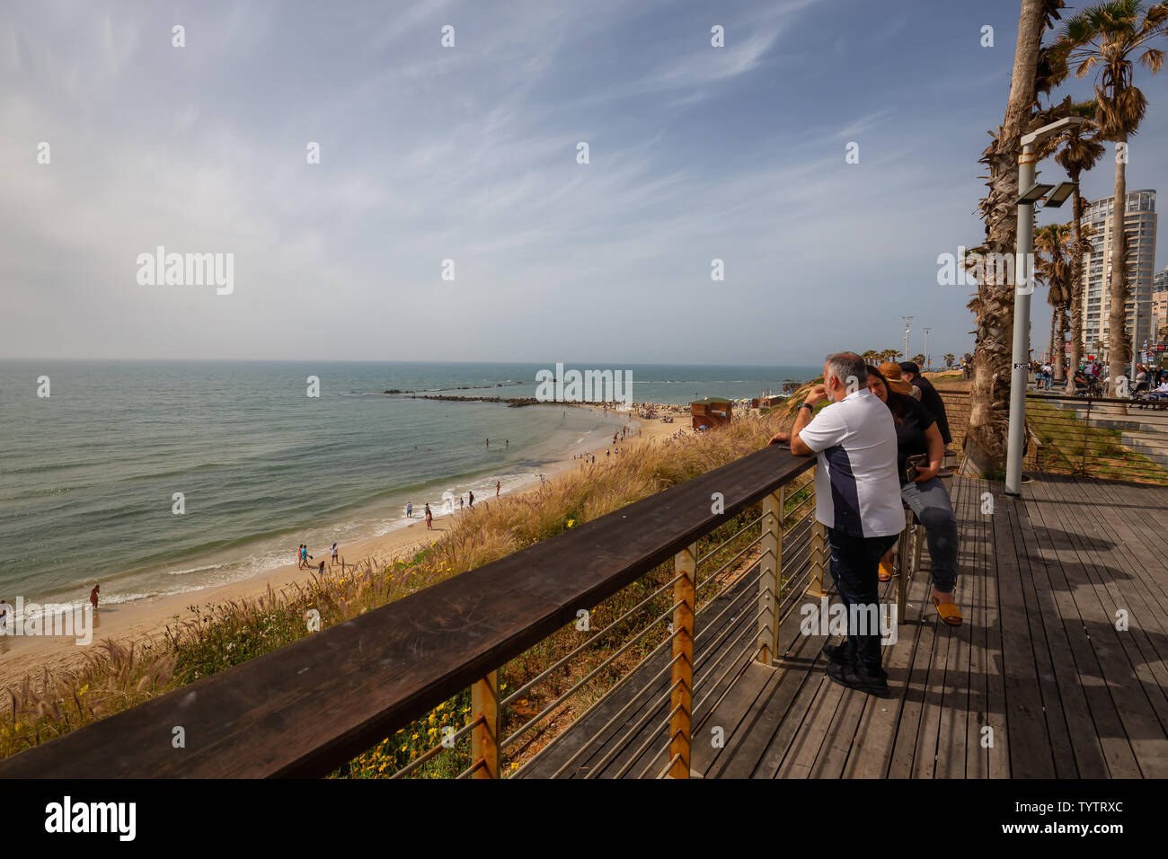 Tel Aviv, Israel - April 13, 2019: Beautiful view of a crowded beach in ...