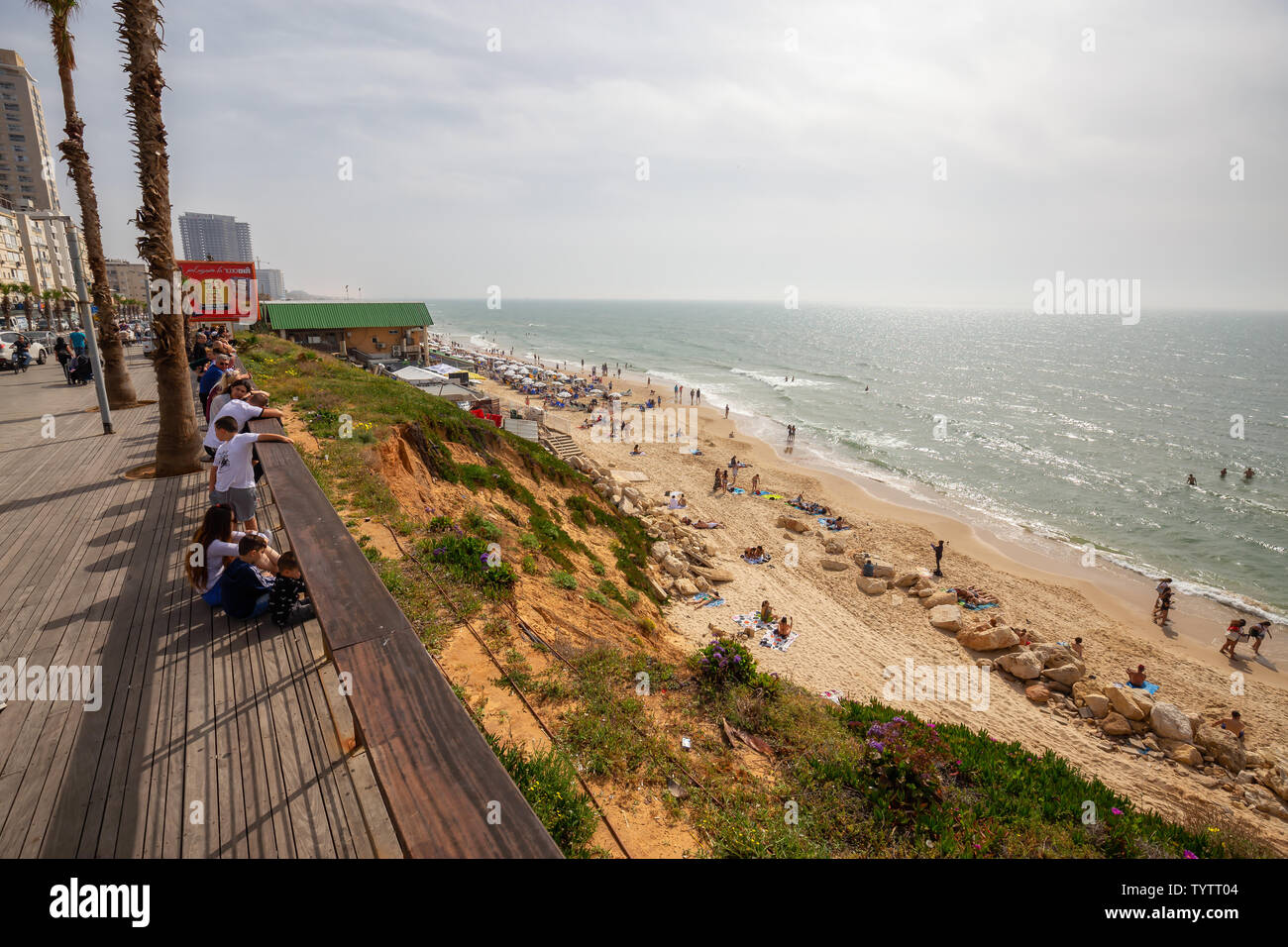 Tel Aviv, Israel - April 13, 2019: Beautiful view of a crowded beach in ...